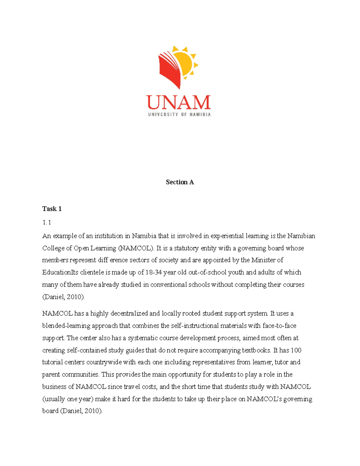 Assignment on the Foundations of Adult Education in Namibia - Section A ...