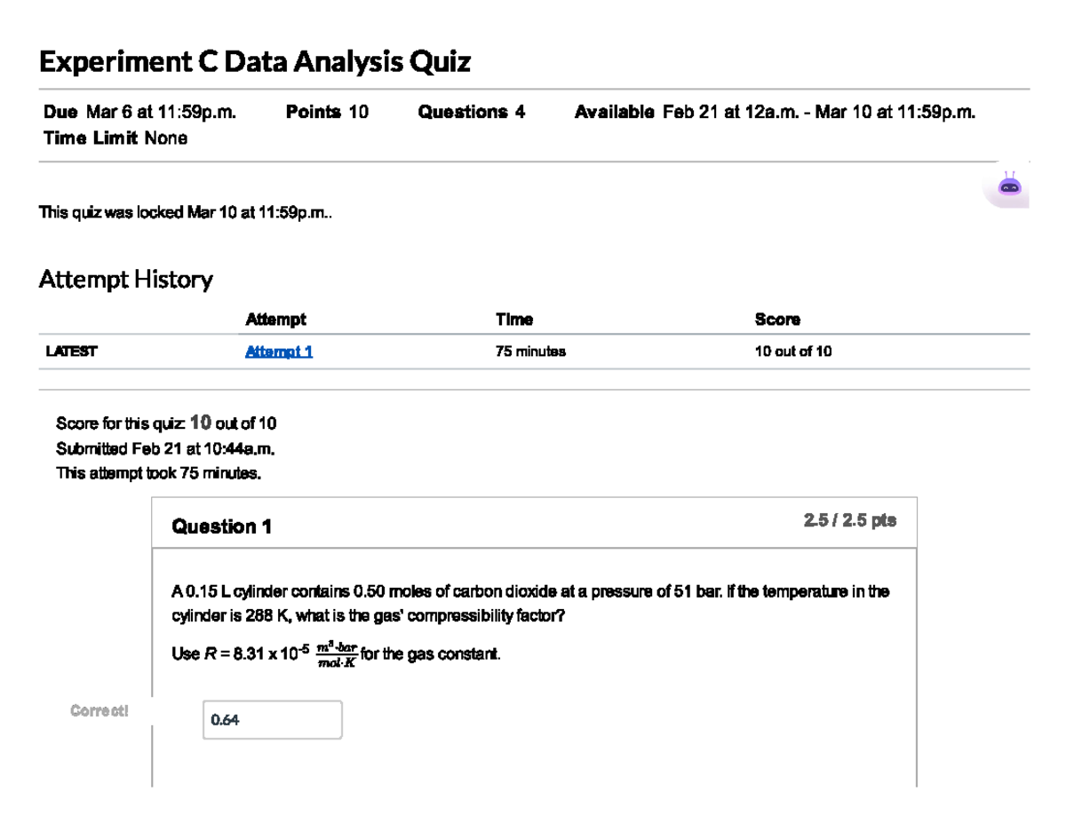 Experiment C Data Analysis Quiz (Practice) - CHBE 264 - Studocu