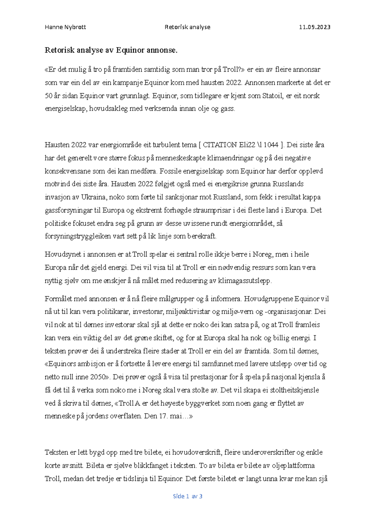 Retorisk analyse av Equinor annonse - Hanne Nybrott Retorisk analyse 11 ...