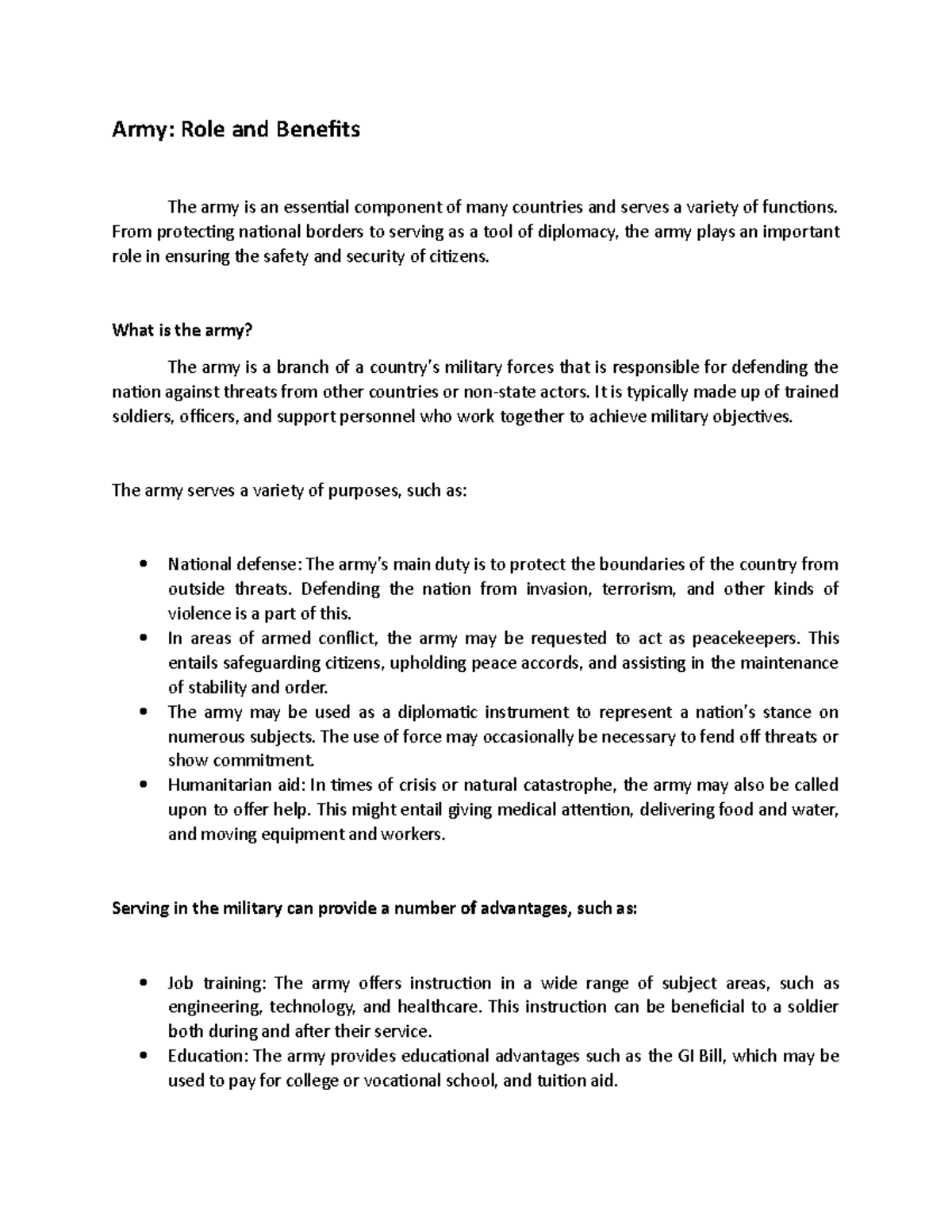 Lecture Notes - Army - Army: Role and Benefits The army is an essential ...