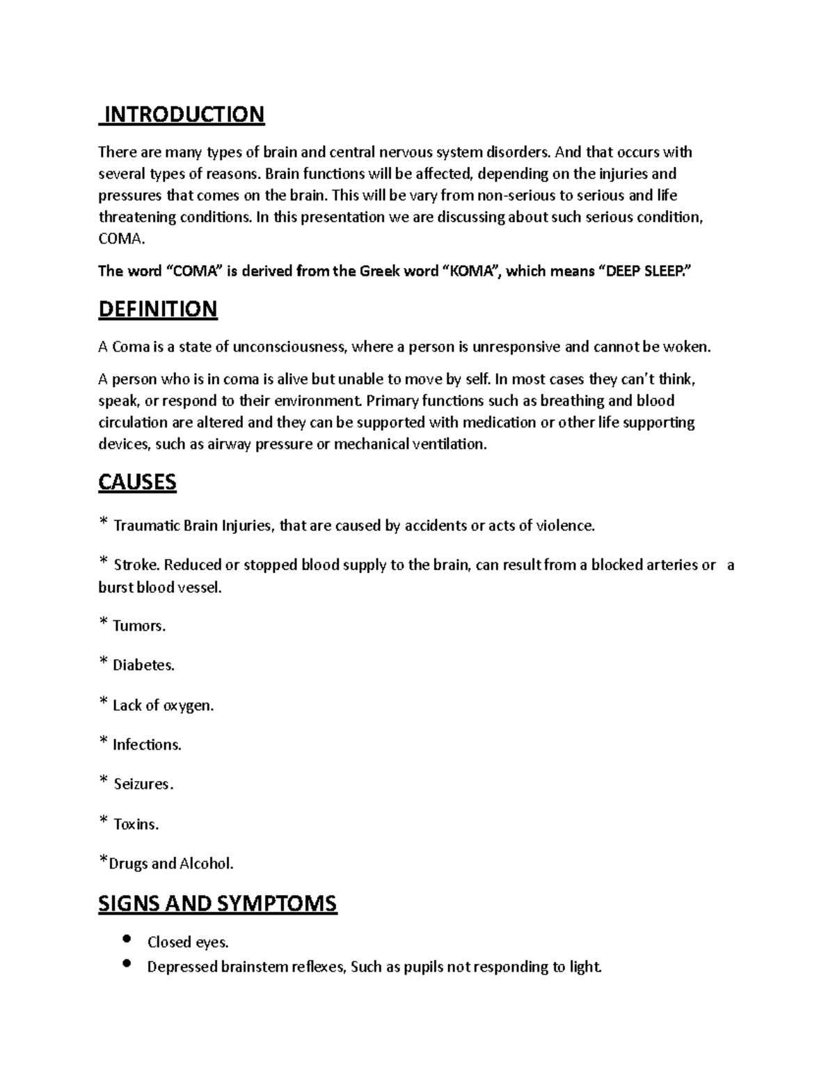 COMA - INTRODUCTION There are many types of brain and central nervous ...