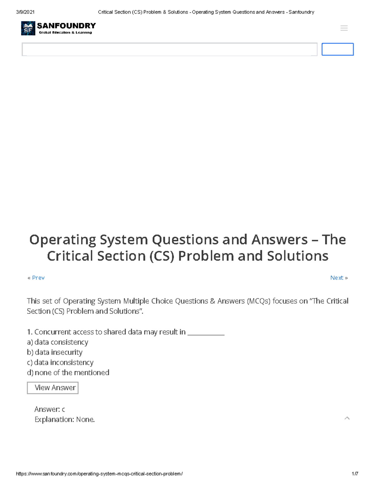 Process Synchronization - Operating System Questions & Answers - Sanfoundry - « Prev Next ...