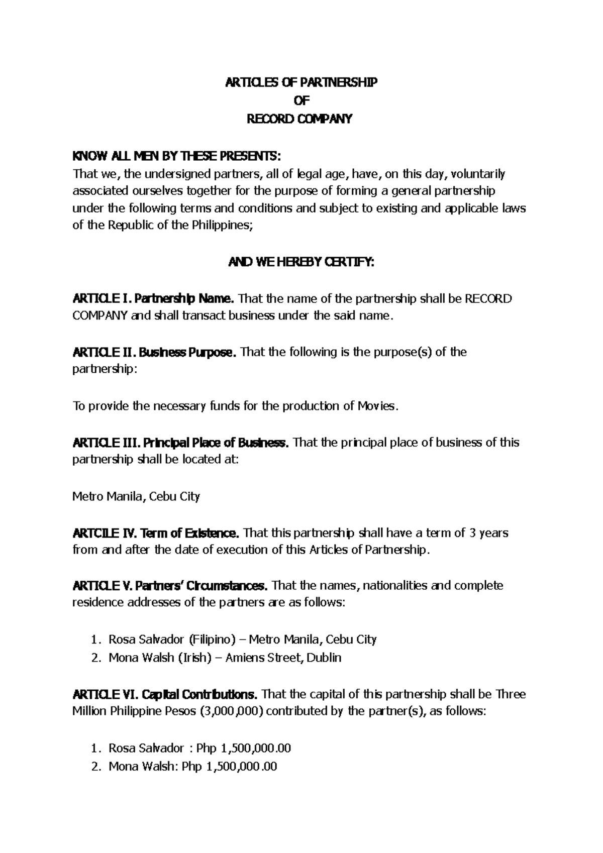 Articles OF Partnership - ARTICLES OF PARTNERSHIP OF RECORD COMPANY ...