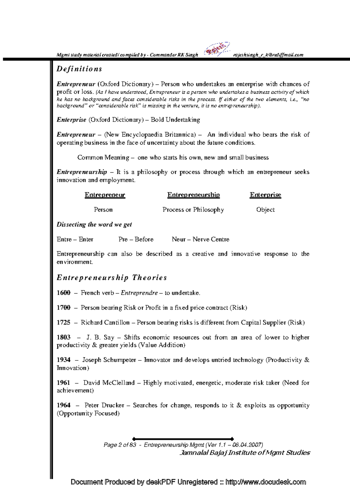 Entrepreneur Definitions - Mgmt study material created/ compiled by ...