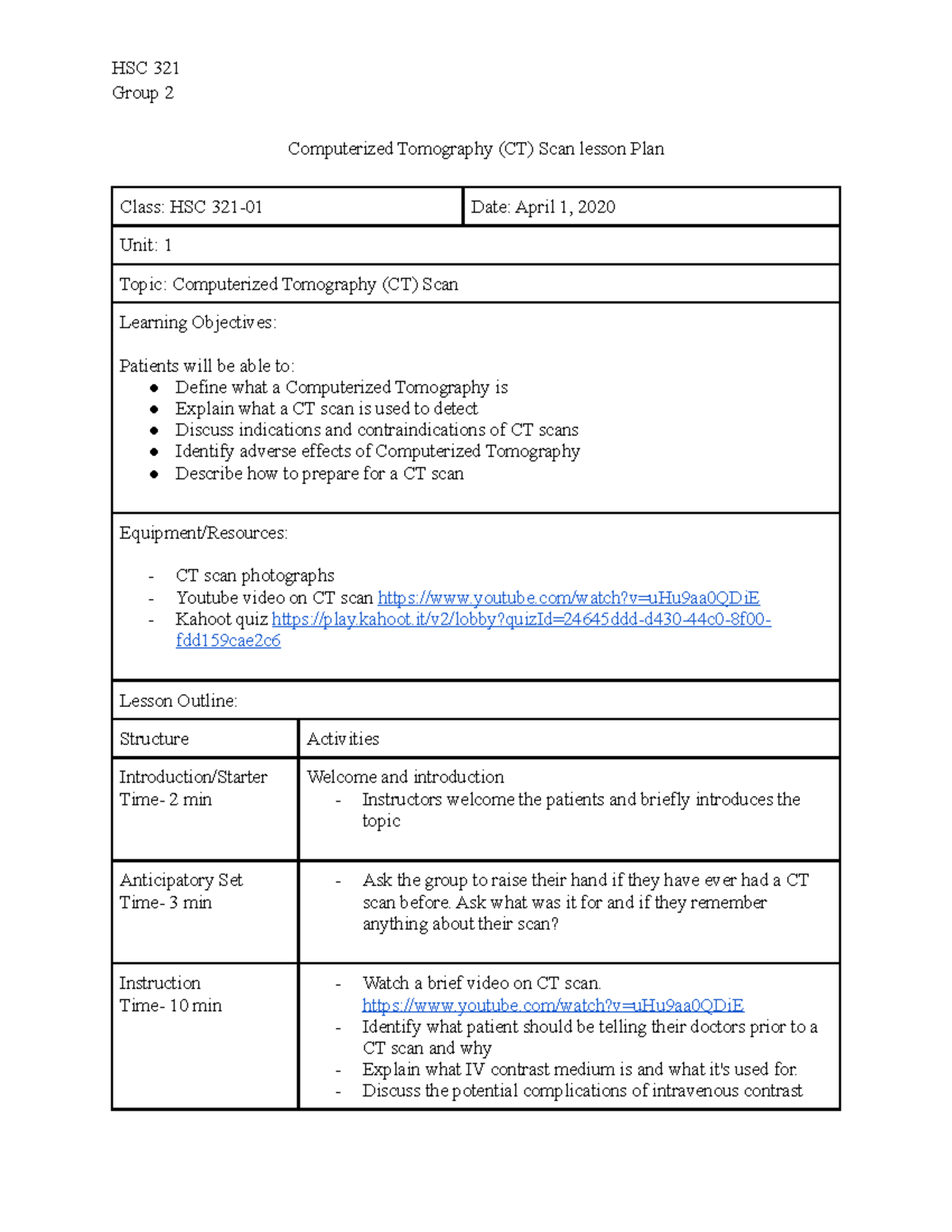 Group 2 CT lesson plan patient info - Group 2 Computerized Tomography ...
