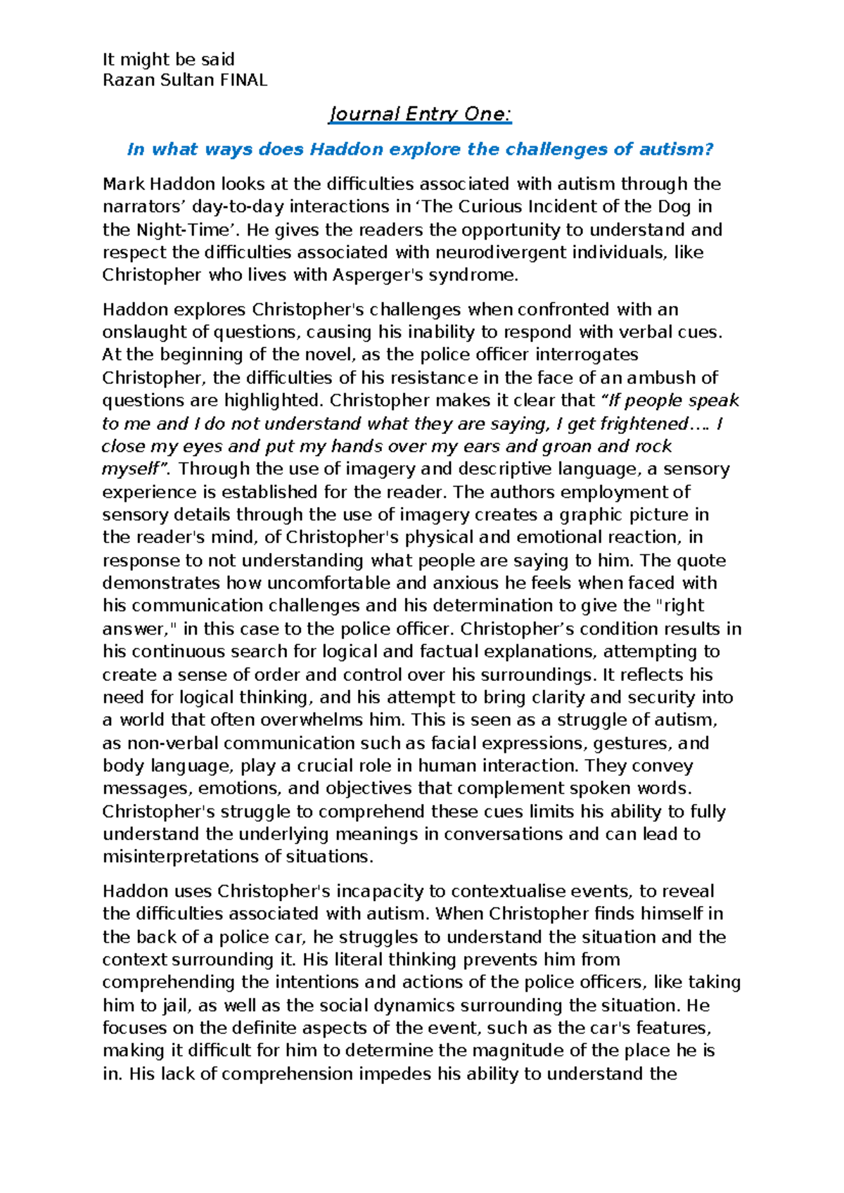 Journal Entries - Razan Sultan FINAL Journal Entry One: In what ways ...