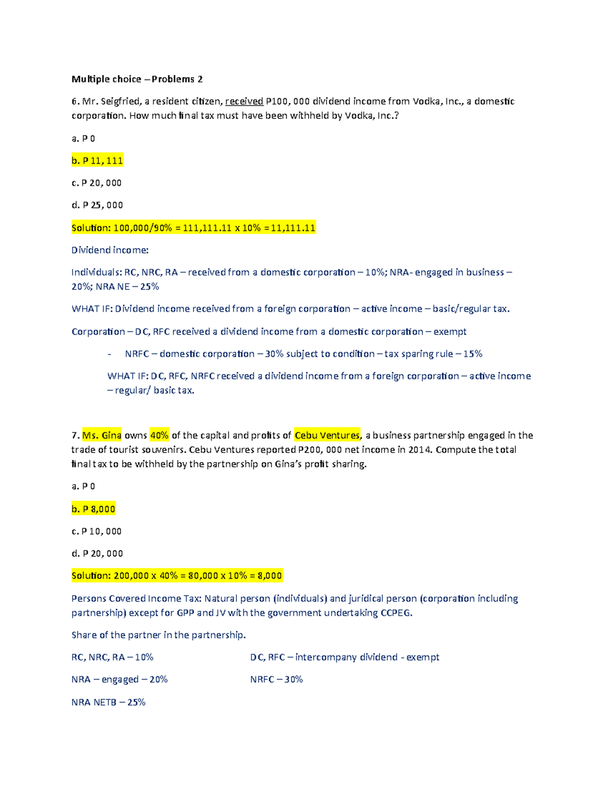 Income tax on passive income number 1 - Multiple choice – Problems 2 6 ...