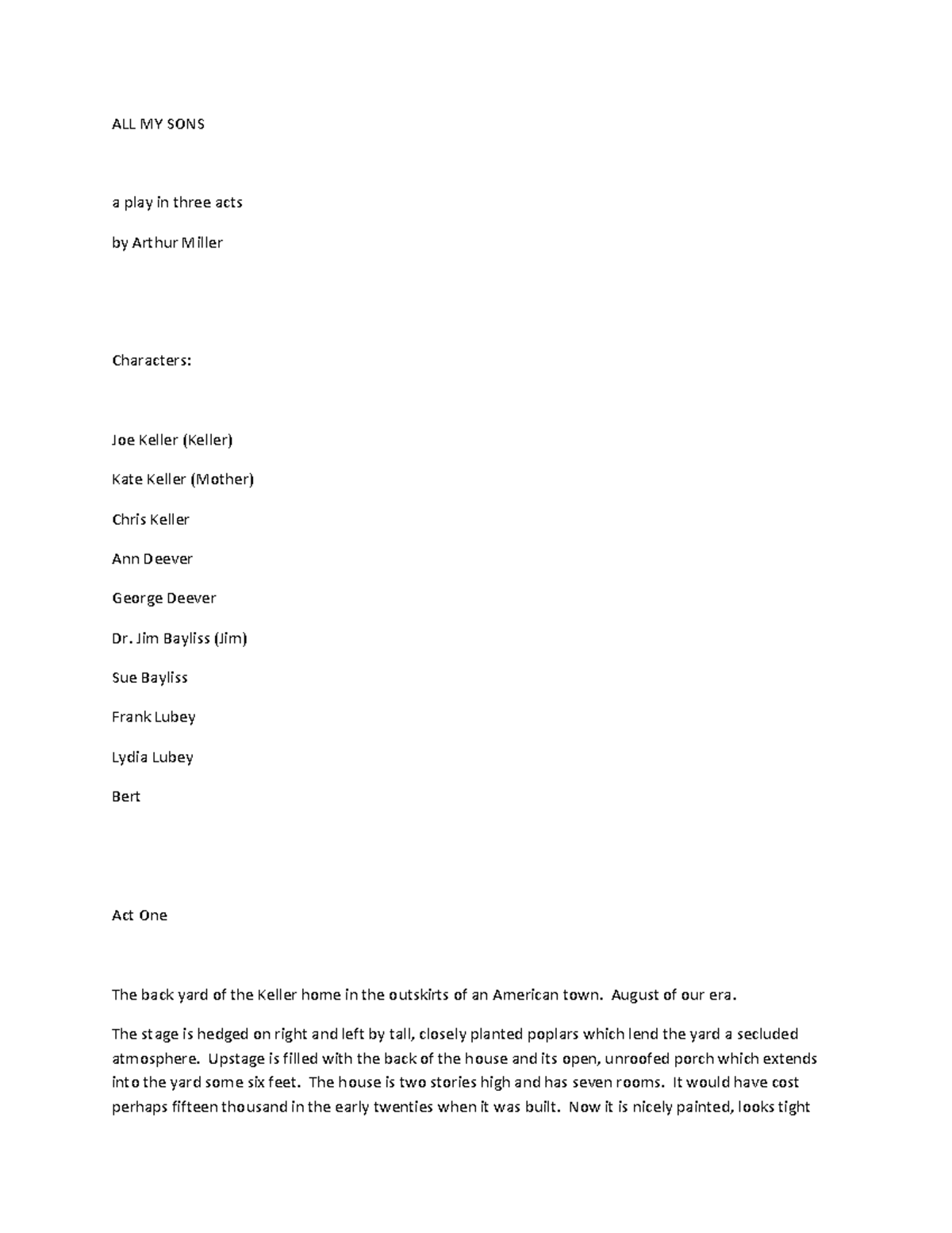 All my sons script - literature - ALL MY SONS a play in three acts by ...