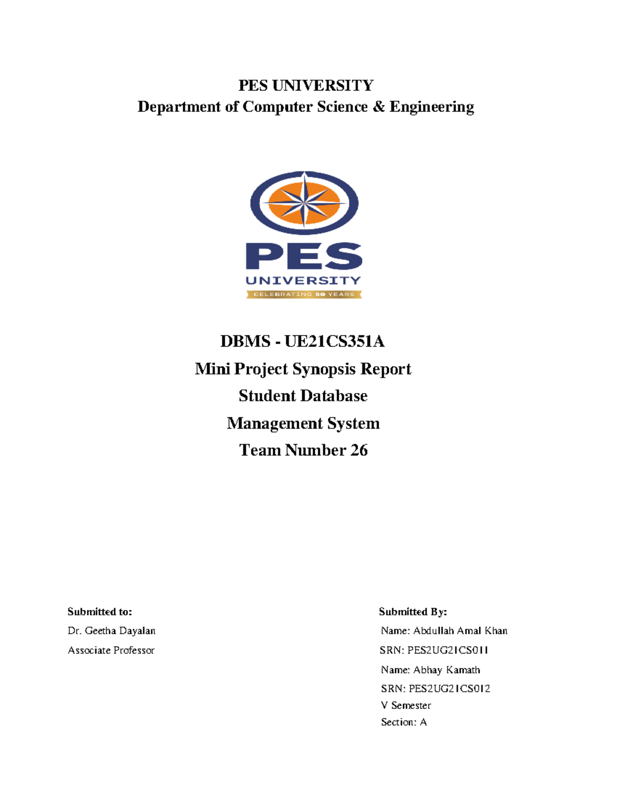 Student Database Management System - PES UNIVERSITY Department of Computer Science & Engineering ...