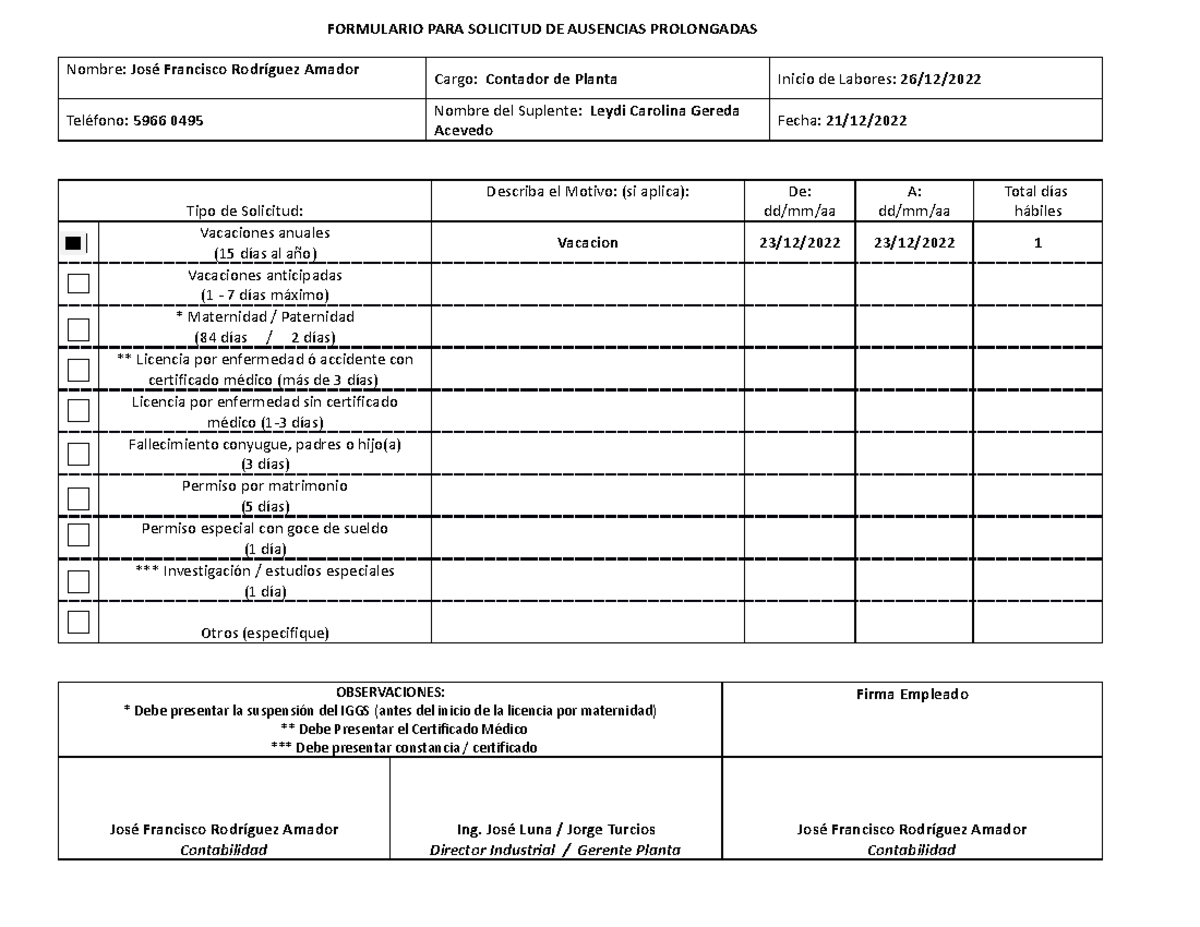 Formulario Ausencia Prolongada JR - FORMULARIO PARA SOLICITUD DE ...