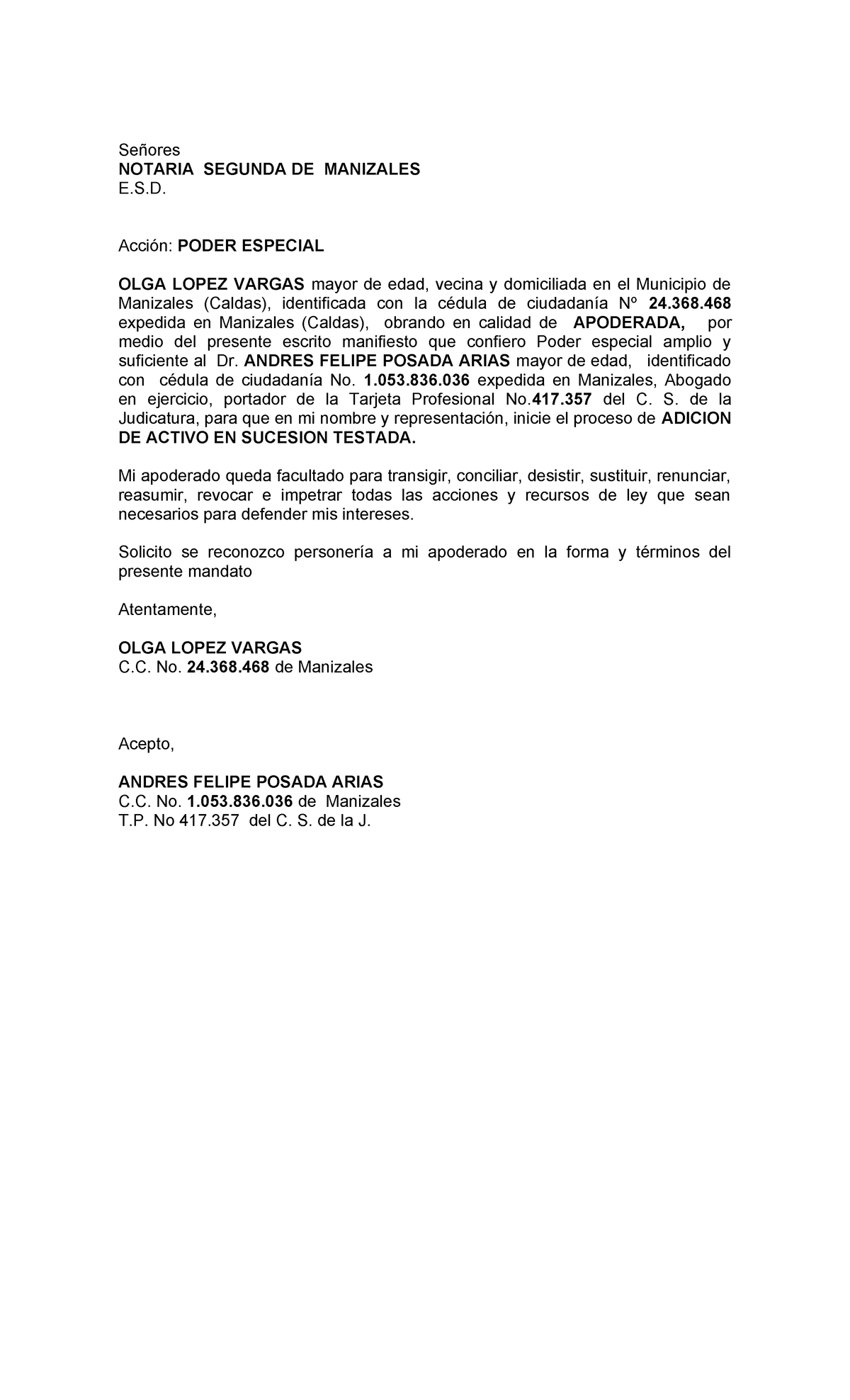 PODER ESPECIAL PARA PROCESOS CIVILES - Señores NOTARIA SEGUNDA DE ...