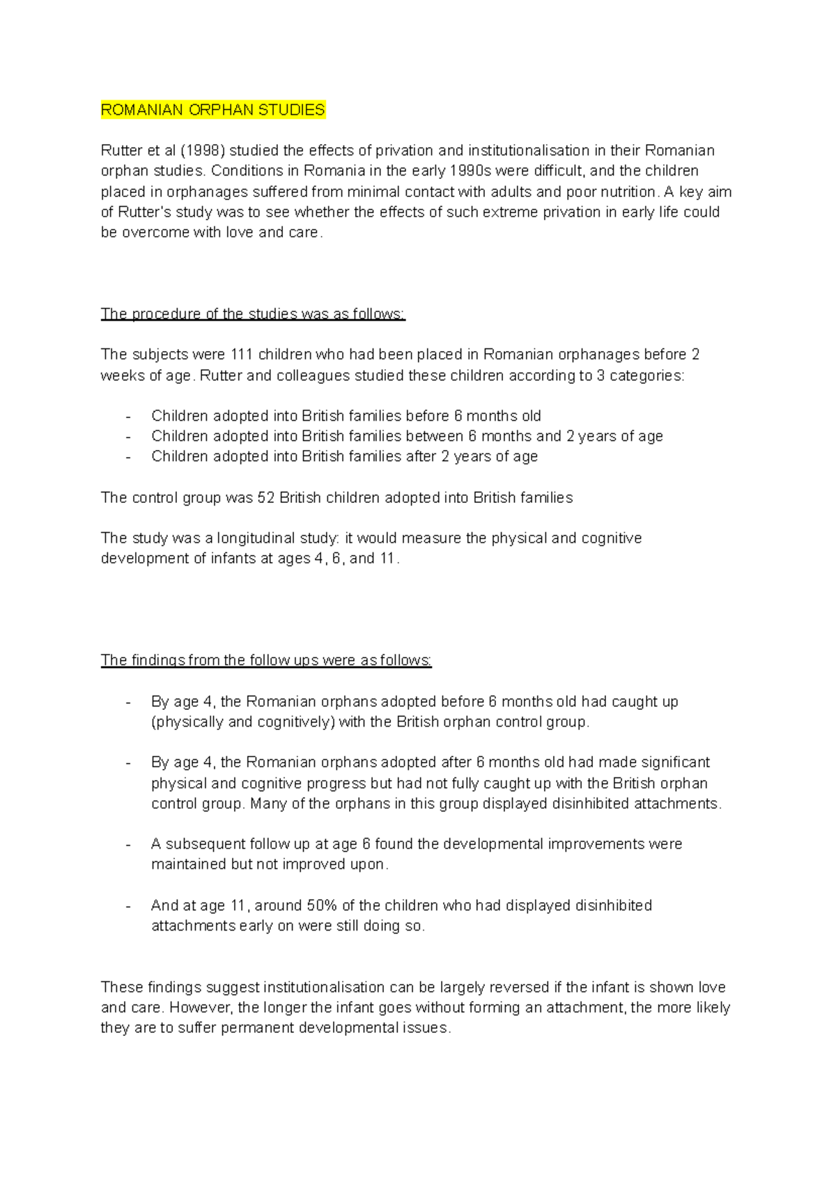 Romanian Orphan Studies - ROMANIAN ORPHAN STUDIES Rutter et al (1998 ...