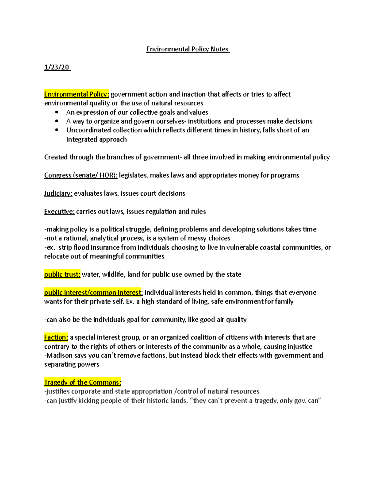 Environmental Policy Notes - Environmental Policy Notes 1/23 ...