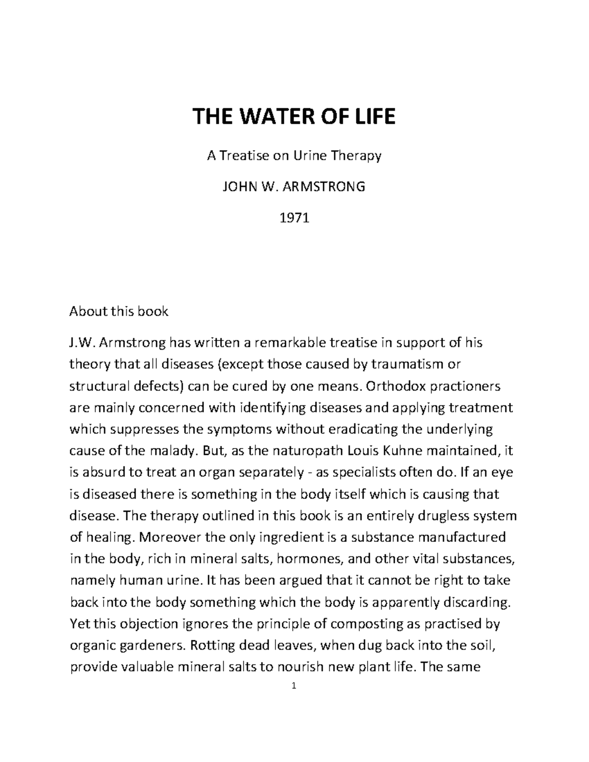 Pdfcoffee - Urine Therapy - THE WATER OF LIFE A Treatise on Urine Therapy JOHN W. ARMSTRONG 1971 ...