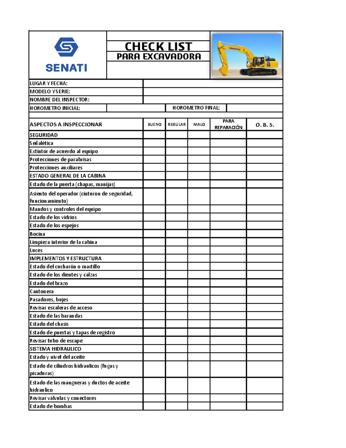 Check LIST PC350-6 - HOROMETRO INICIAL: BUENO REGULAR MALO O. B. S ...
