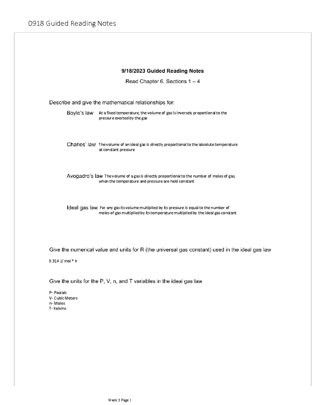 Chem 105a 0918 Guided Reading Notes - At a fixed temperature, the ...