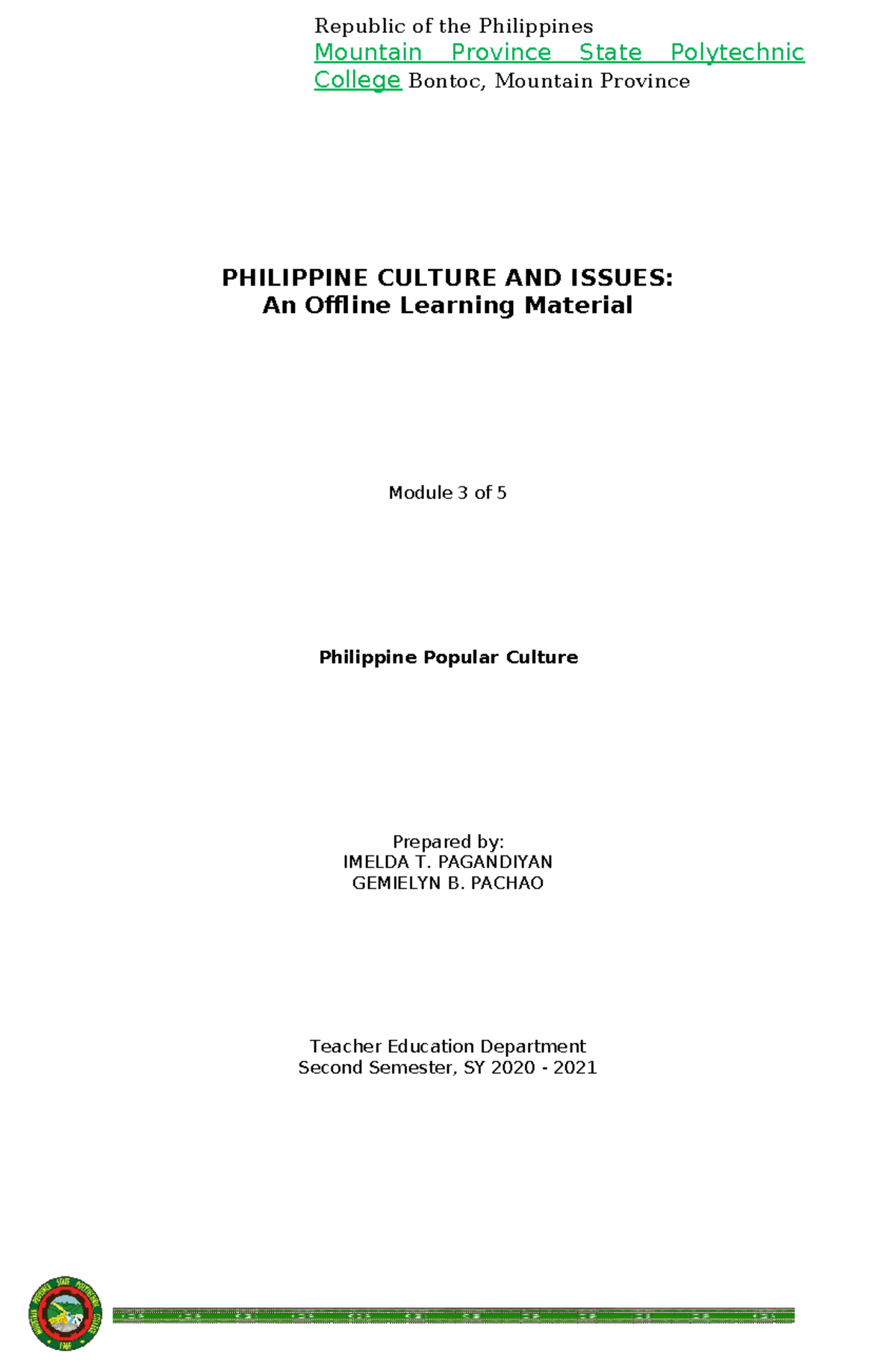 POP - PHILIPPINE CULTURE AND ISSUES: An Offline Learning Material ...