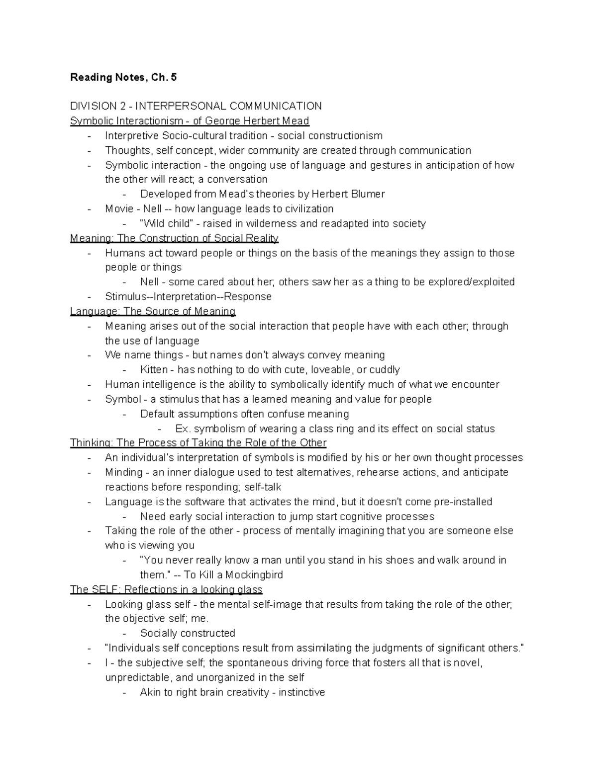 Reading Summary - Ch. 5 - Reading Notes, Ch. 5 DIVISION 2 INTERPERSONAL ...