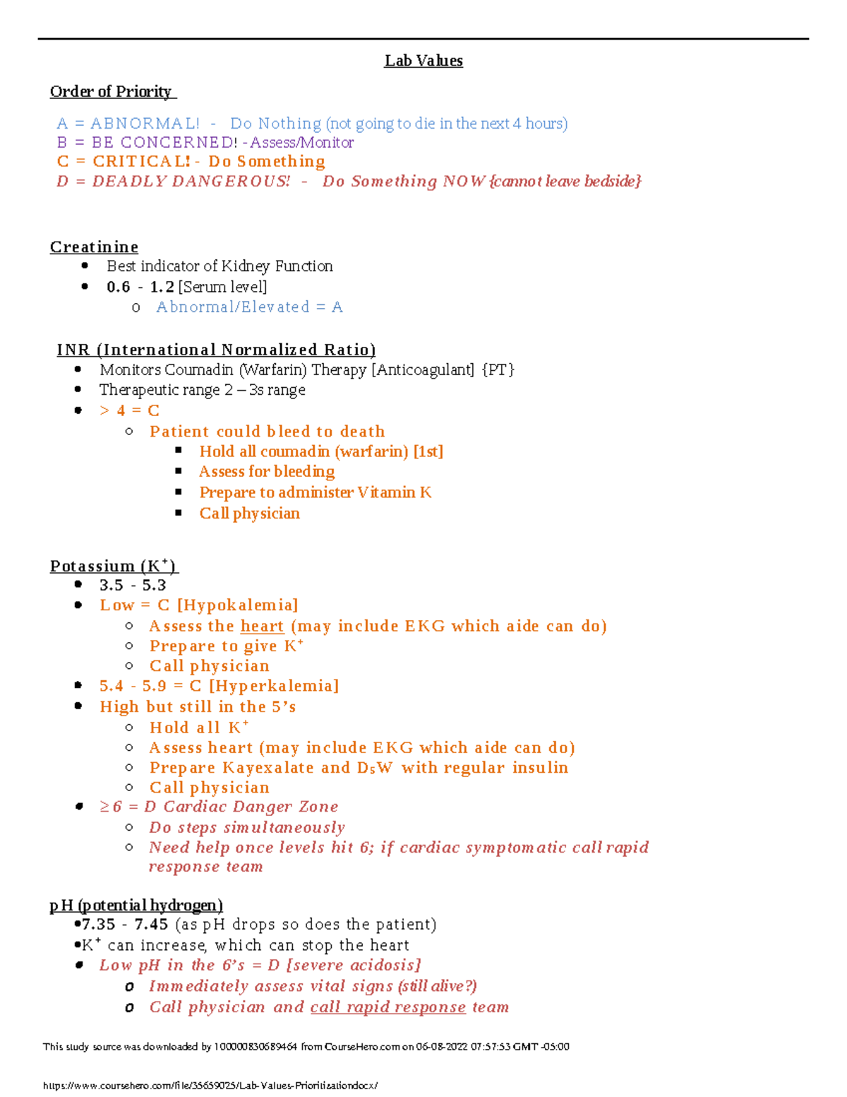 Lab Values Prioritization - Lab Values Order of Priority A = ABNORMAL ...