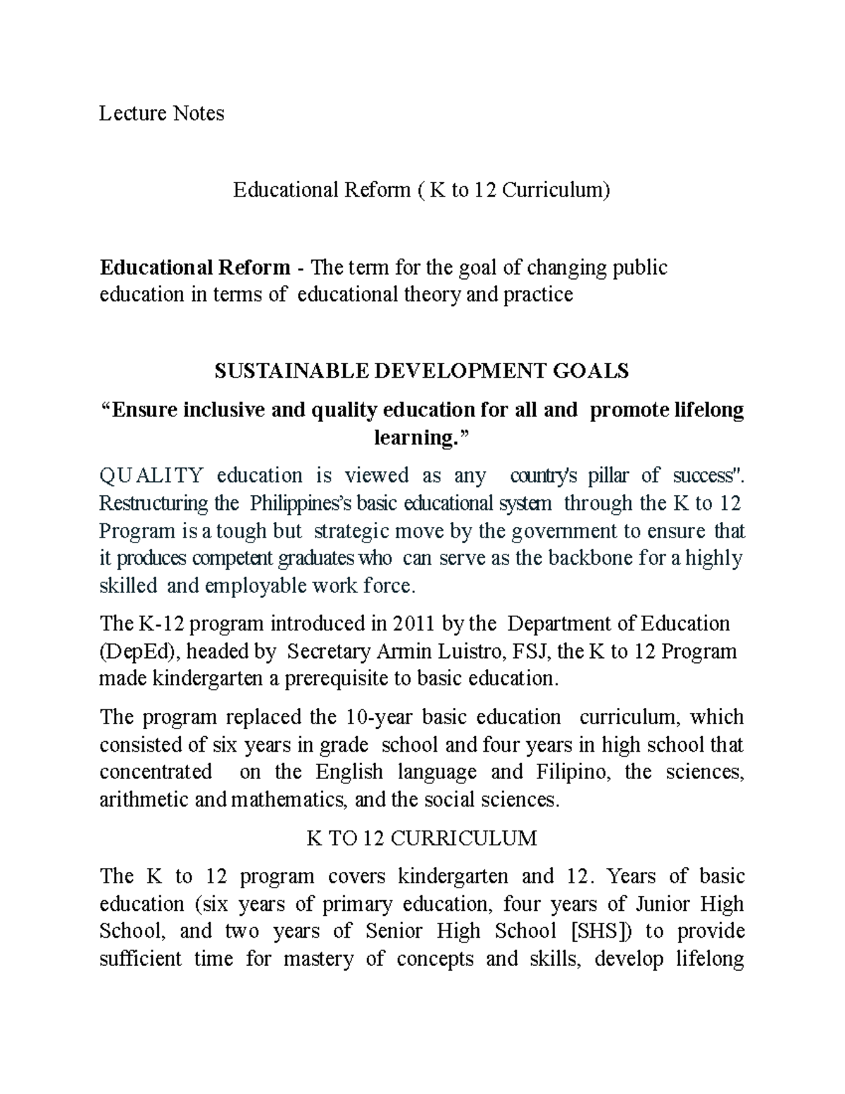 Lectures Notes (Unit 1 E - Lecture Notes Educational Reform ( K to 12 ...