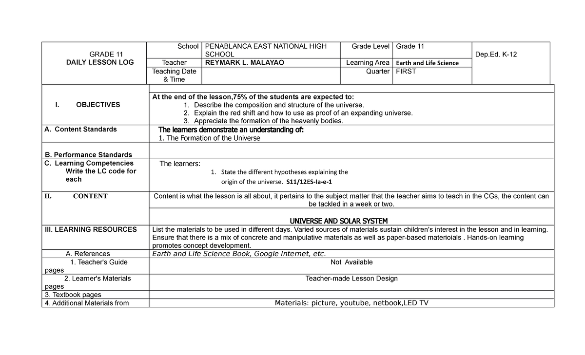ELS-DLL - NONE - GRADE 11 DAILY LESSON LOG School PENABLANCA EAST ...