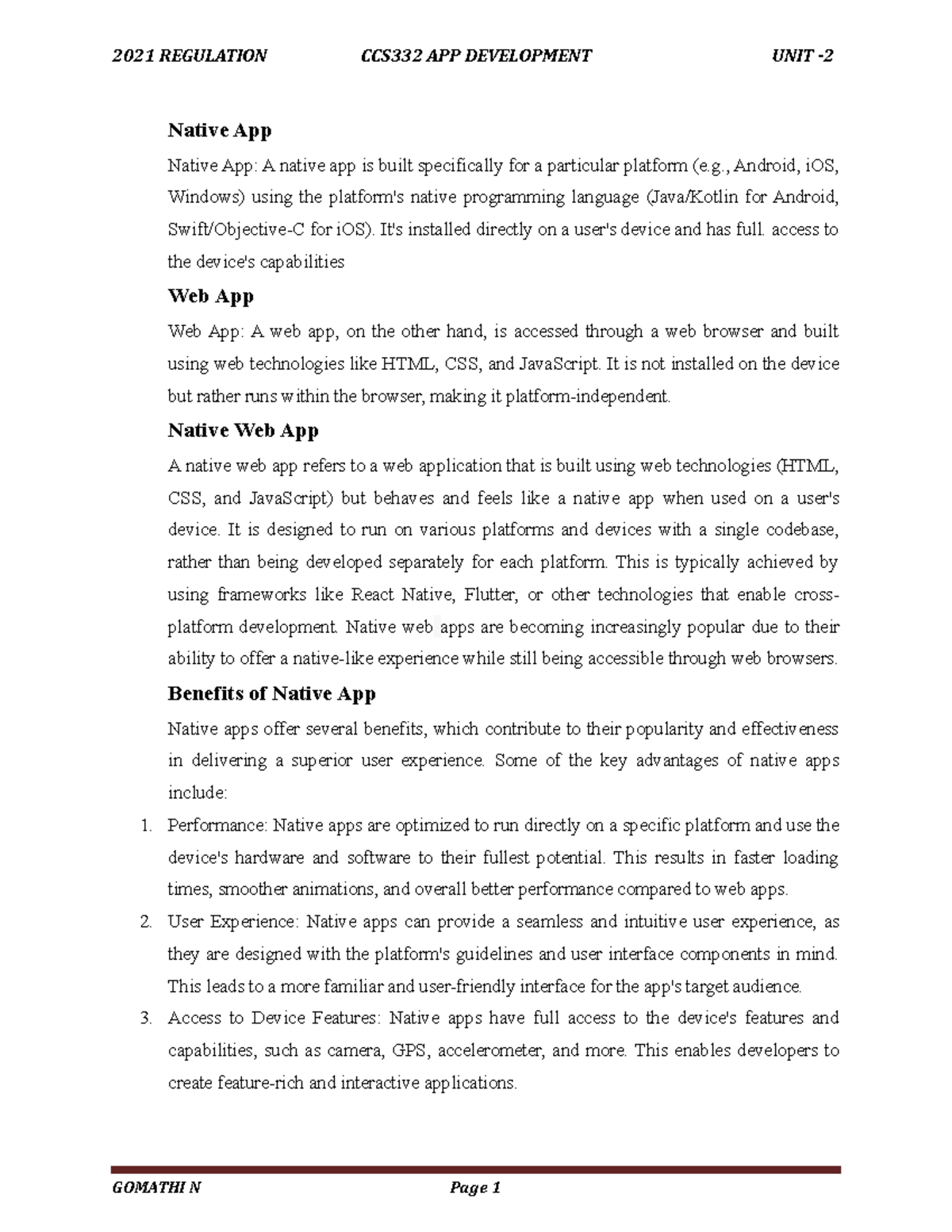 CCS332 App Development Unit - 2 native App - Native App Native App: A ...