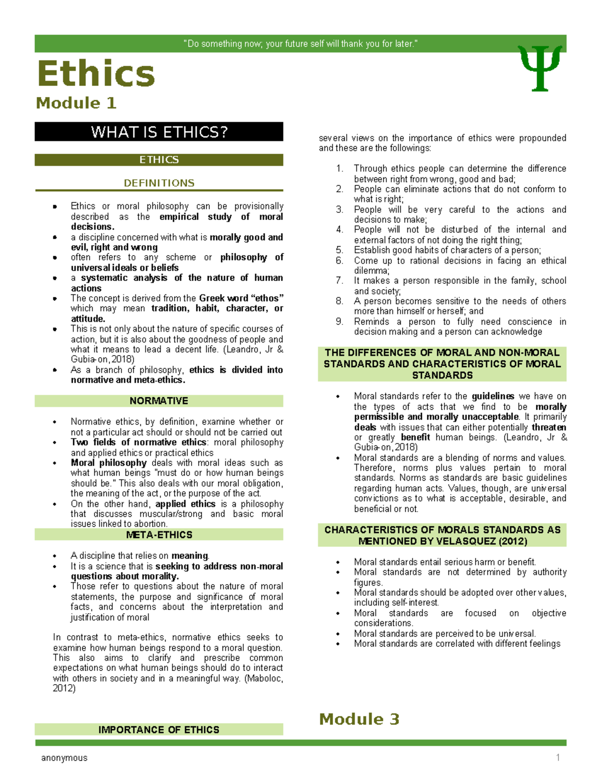 Trans Ethics - Ethics Module 1 WHAT IS ETHICS? ETHICS DEFINITIONS ...
