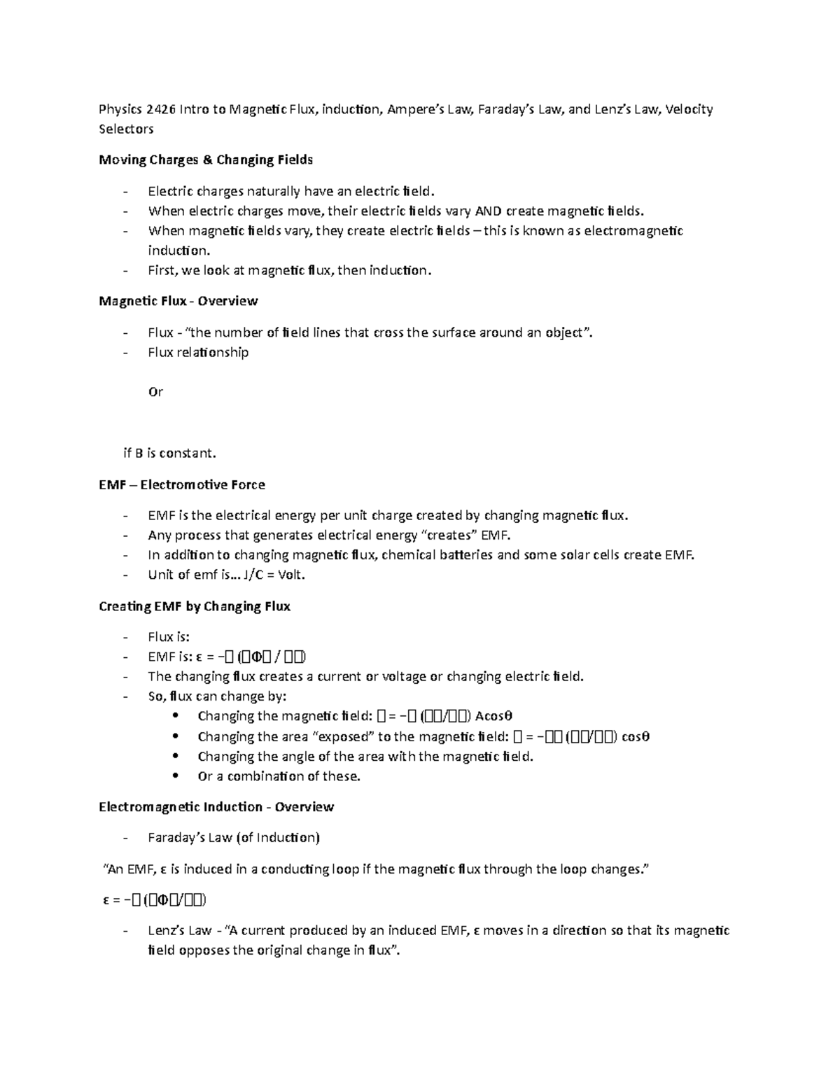 Physics 2426 Intro to Magnetic Flux, induction, Ampere’s Law, Faraday’s ...