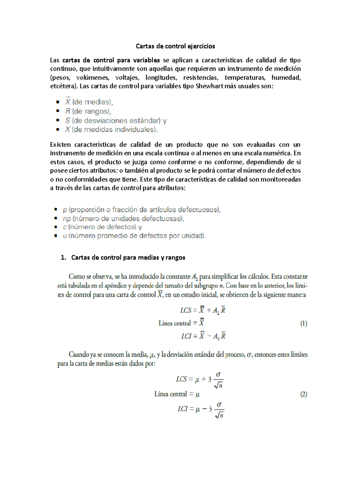 Cartas de control ejercicios - copia - Cartas de control ejercicios Las ...