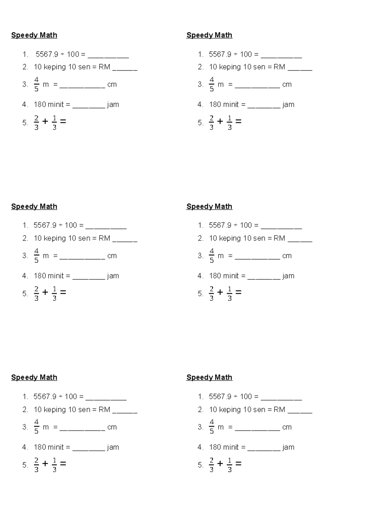 410428035 Speedy Math 6 - Speedy Math 1. 5567 ÷ 100 = __________ 2. 10 ...