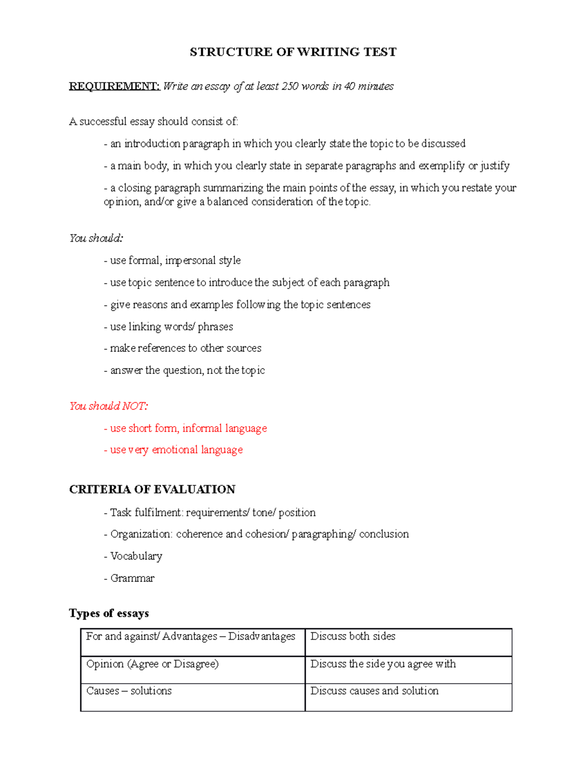 Writing (có trong MS TEAM) - STRUCTURE OF WRITING TEST REQUIREMENT ...