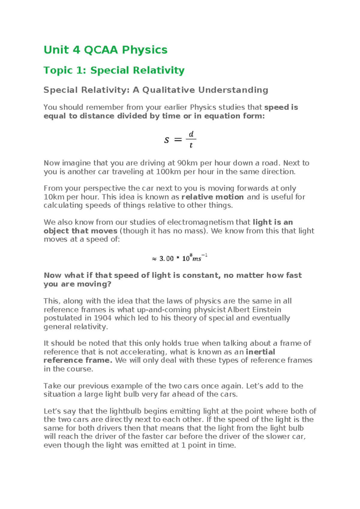 Unit 4 QCAA Physics - Unit 4 QCAA Physics Topic 1: Special Relativity ...