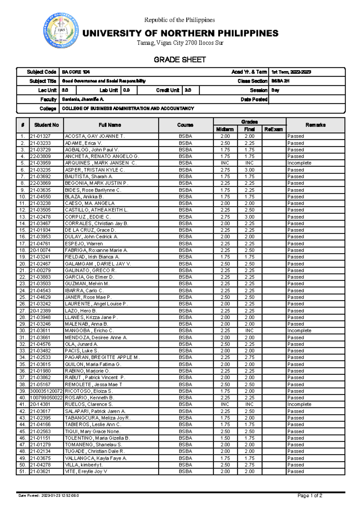 BSBA 2H- GOOD GOVERNANCE - Tamag, Vigan City 2700 Ilocos Sur GRADE SHEET Subject Code Subject ...