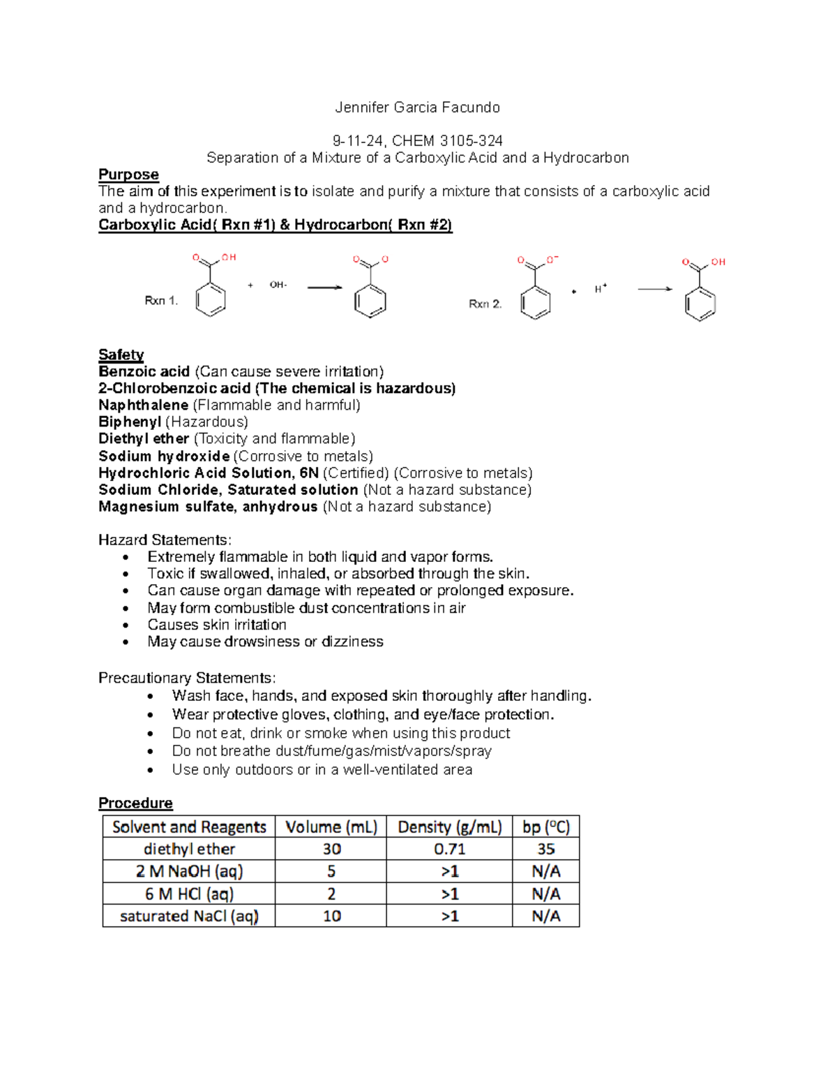 Lab 2 - Lab 2 for organic chemistry, Experiment 2: Separation of a ...