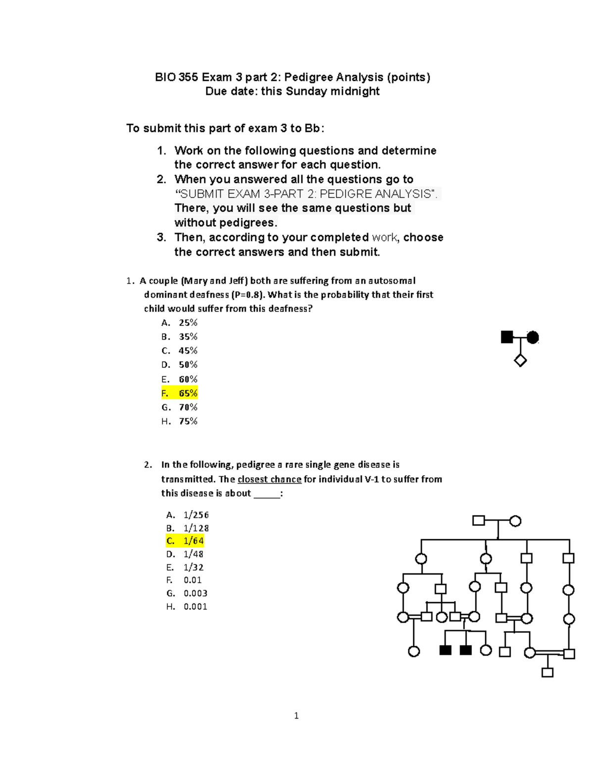 Genetics Exam 3 Part 1 - BIO 355 Exam 3 part 2: Pedigree Analysis ...