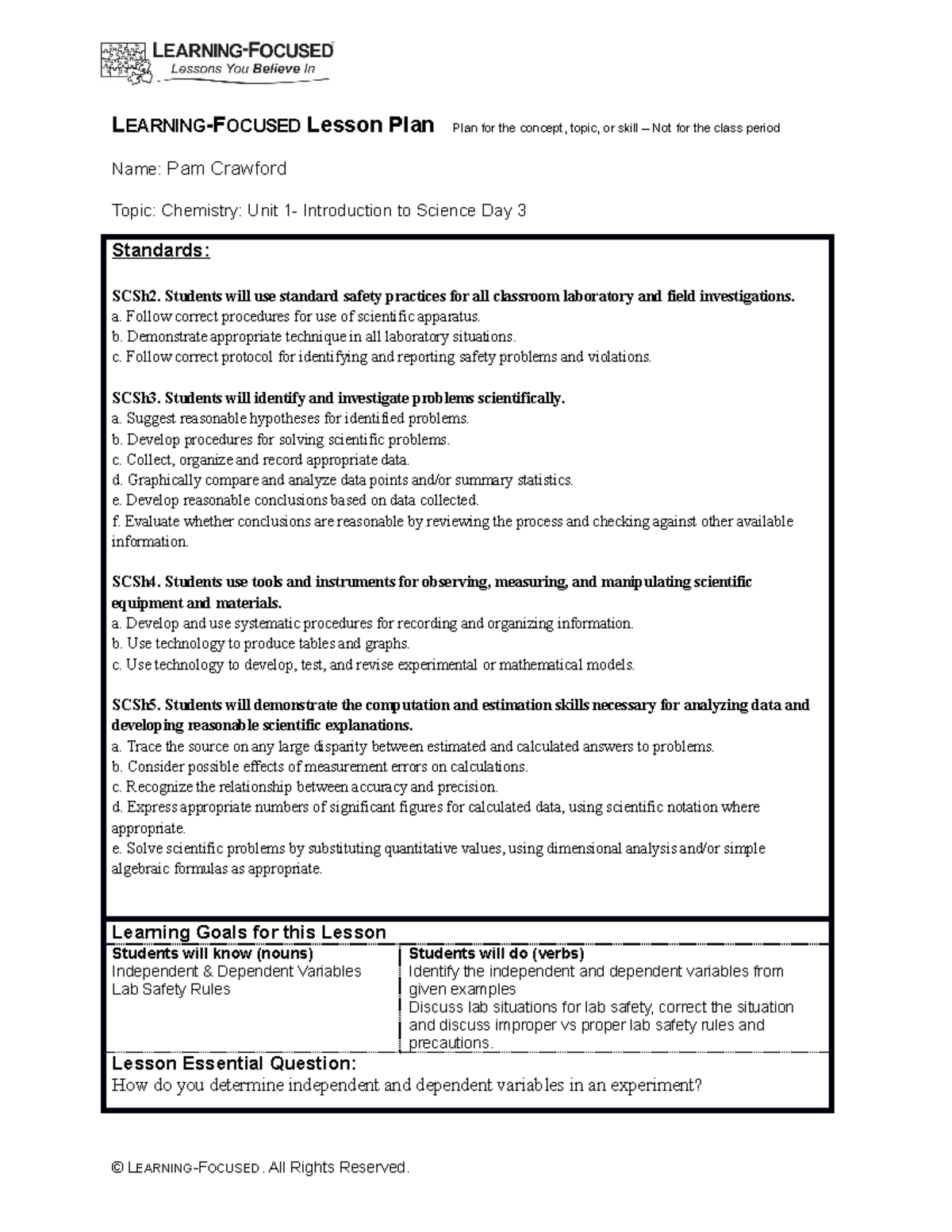 Chemistry Unit 1 Day 3 Intro to Science LF Format - LEARNING-FOCUSED ...