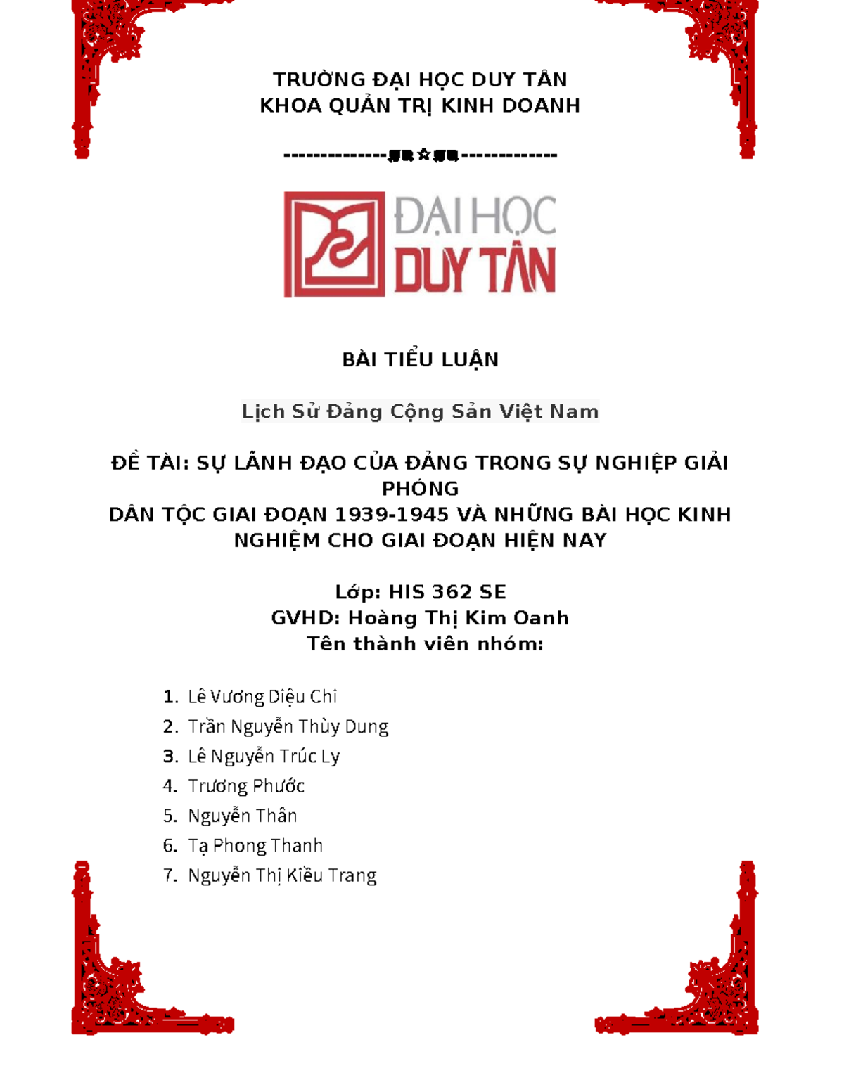 HIS 362 SE - abcd eeeeeeeeeeeeeeeeeee - TRƯỜNG ĐẠI HỌC DUY TÂN KHOA QUẢN TRỊ KINH DOANH - - BÀI ...