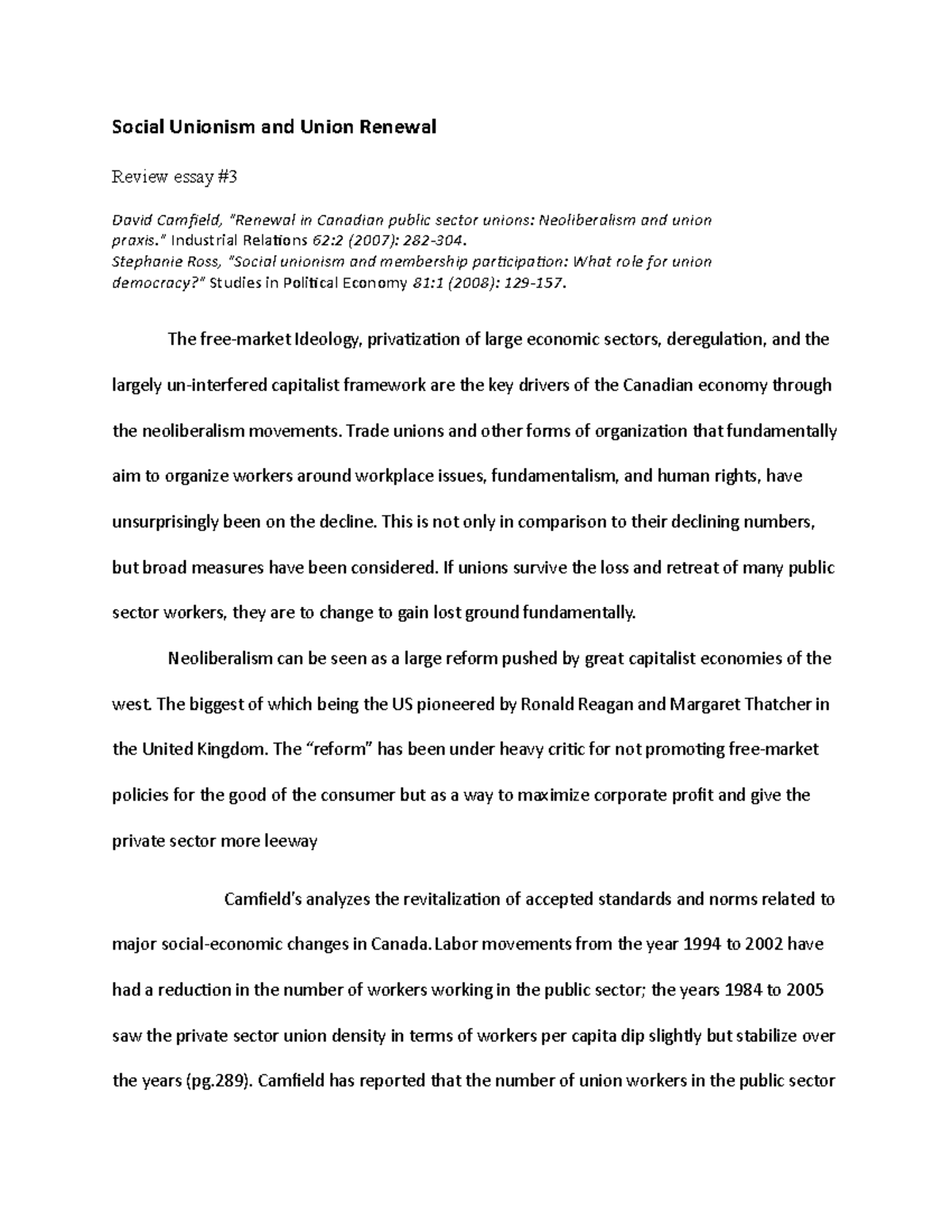 Review essay #3 - Social Unionism and Union Renewal - DPS 15248 - U of ...