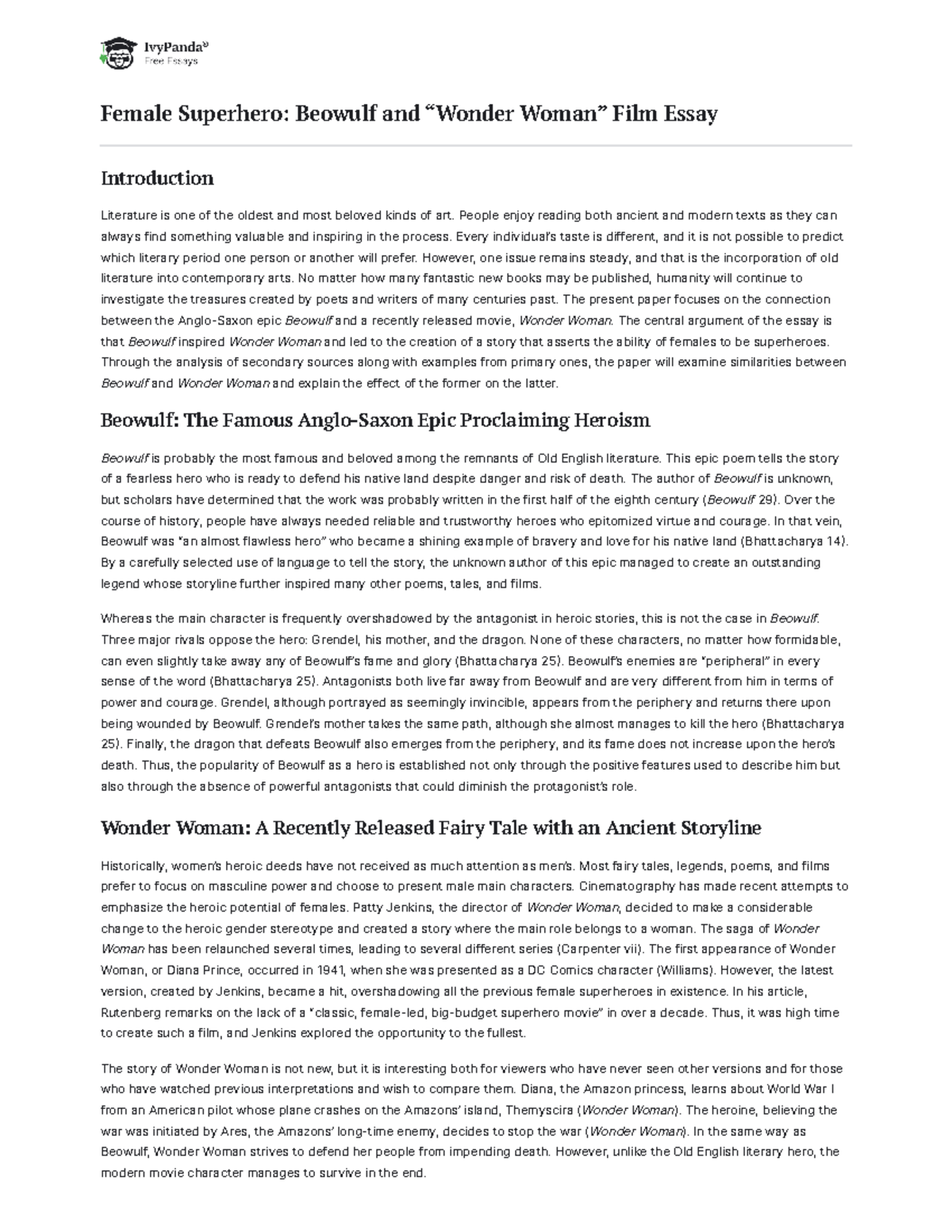 Female Superhero Beowulf and Wonder Woman Film - 1669 Words Essay ...