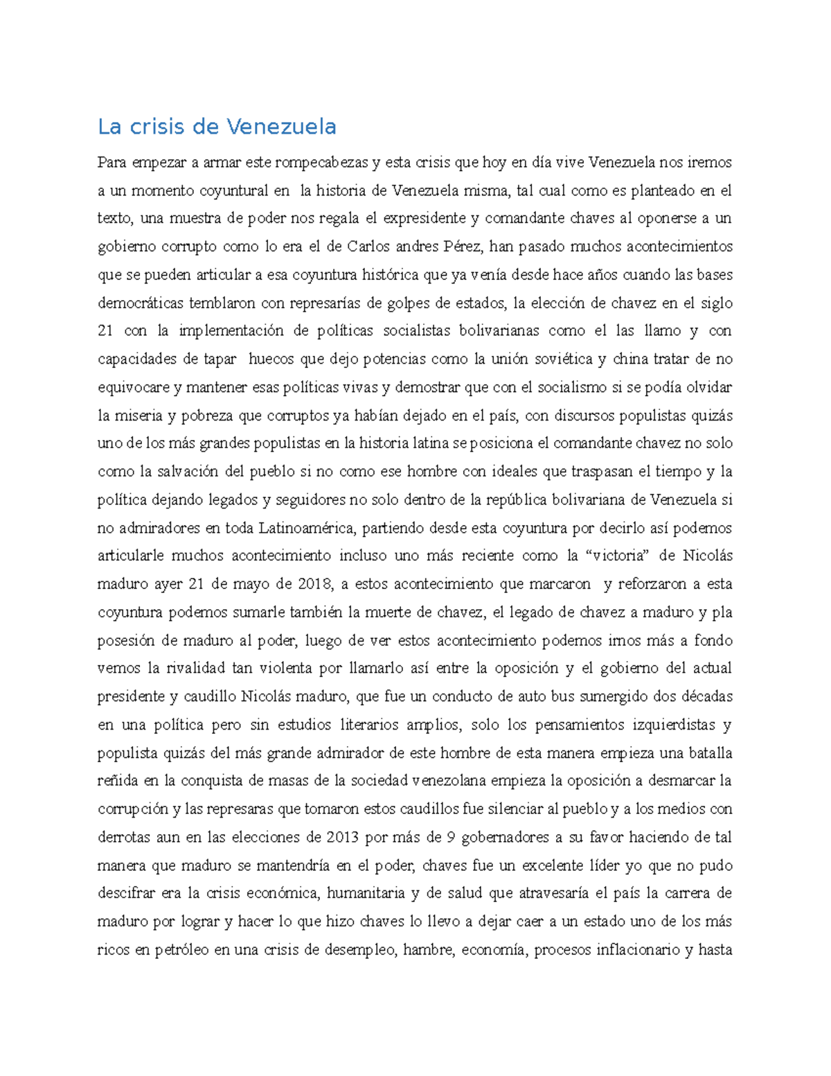 La crisis de Venezuela ensayo - La crisis de Venezuela Para empezar a ...