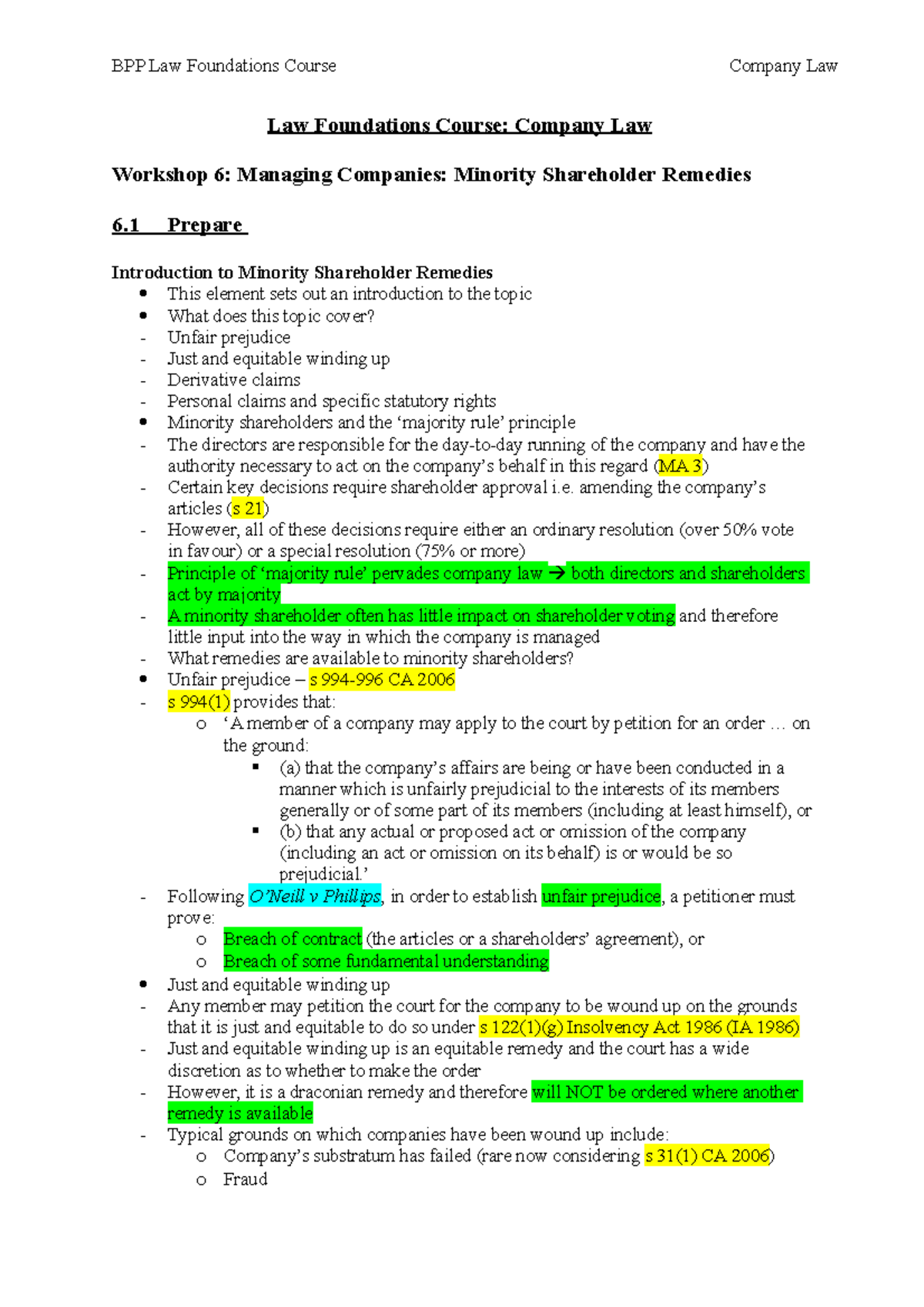 Company Law Workshop 6 - Prepare - Law Foundations Course: Company Law ...