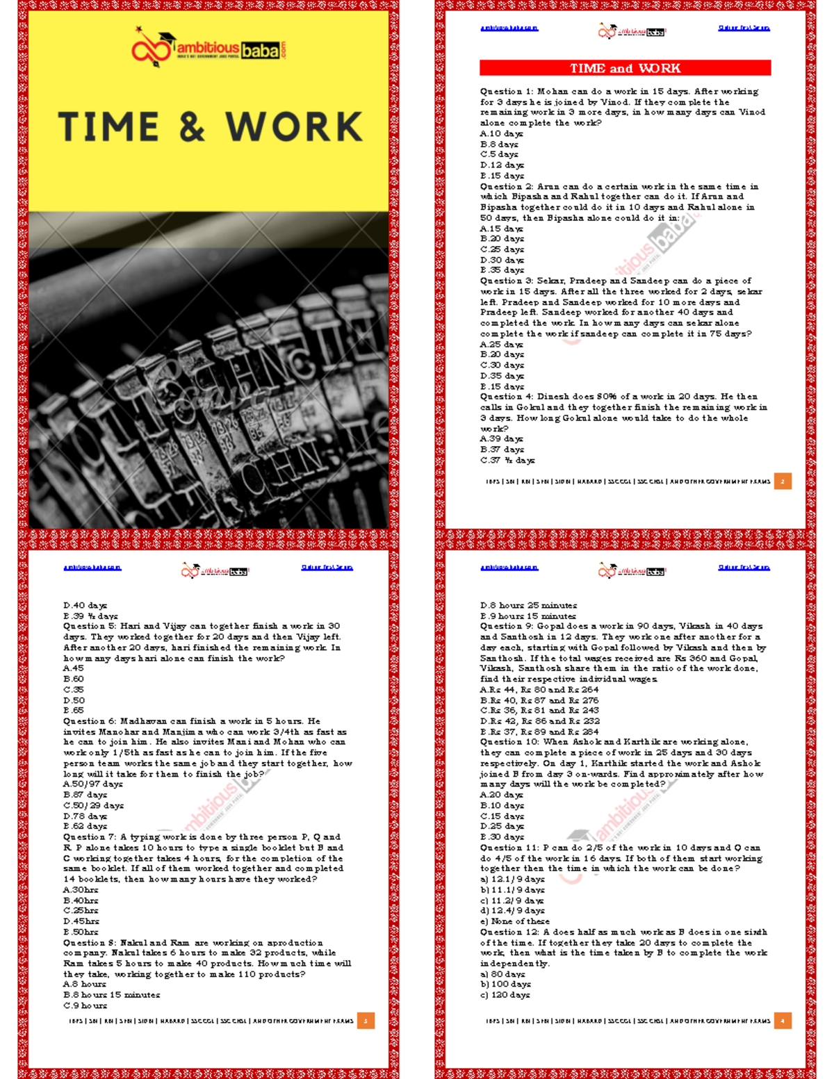 Time and work Questions and Answers by Ambitiousbaba - IBPS | SBI | RBI ...