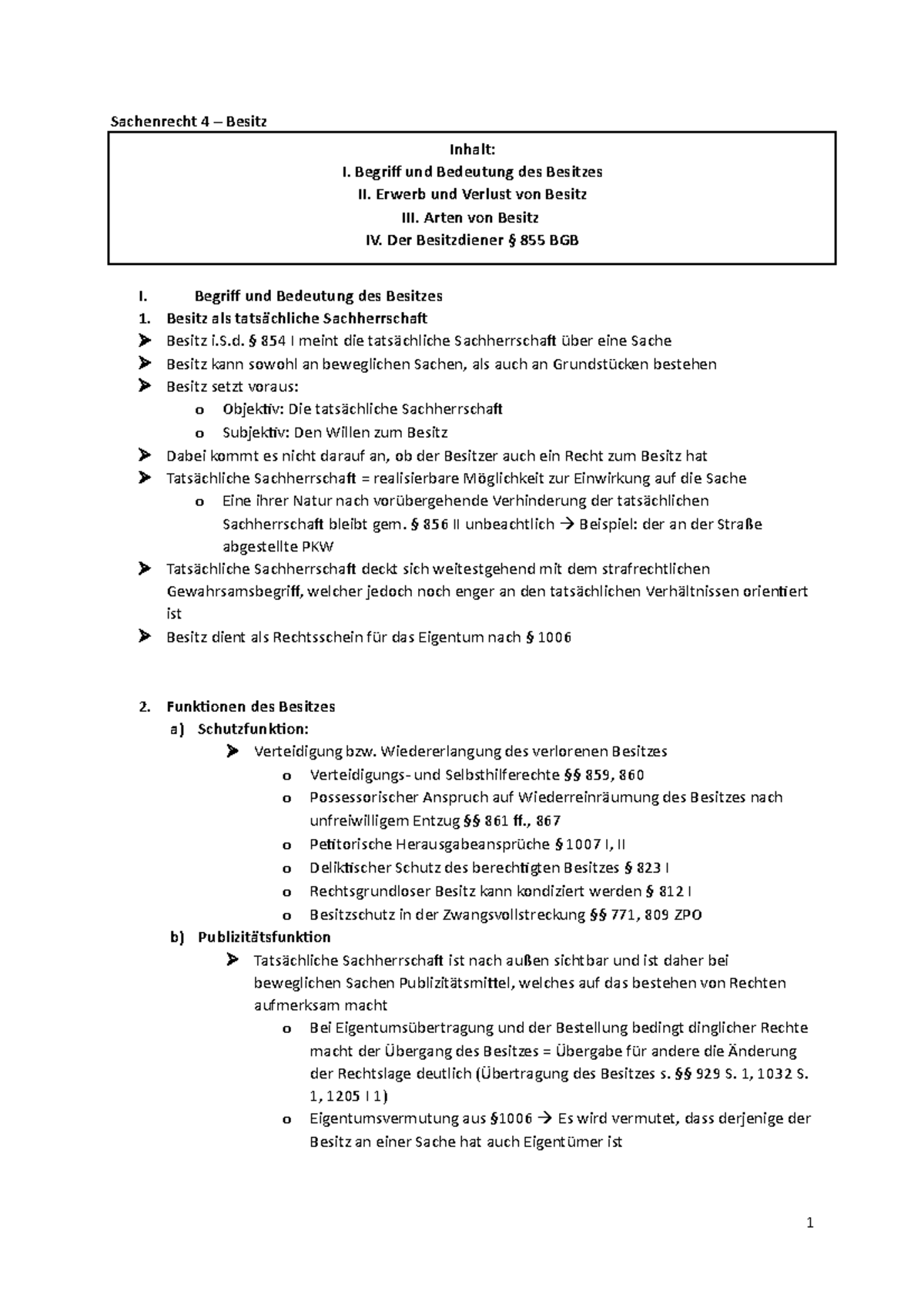 Besitzarten und Funktion - Sachenrecht 4 Besitz Inhalt: I. Begriff und ...