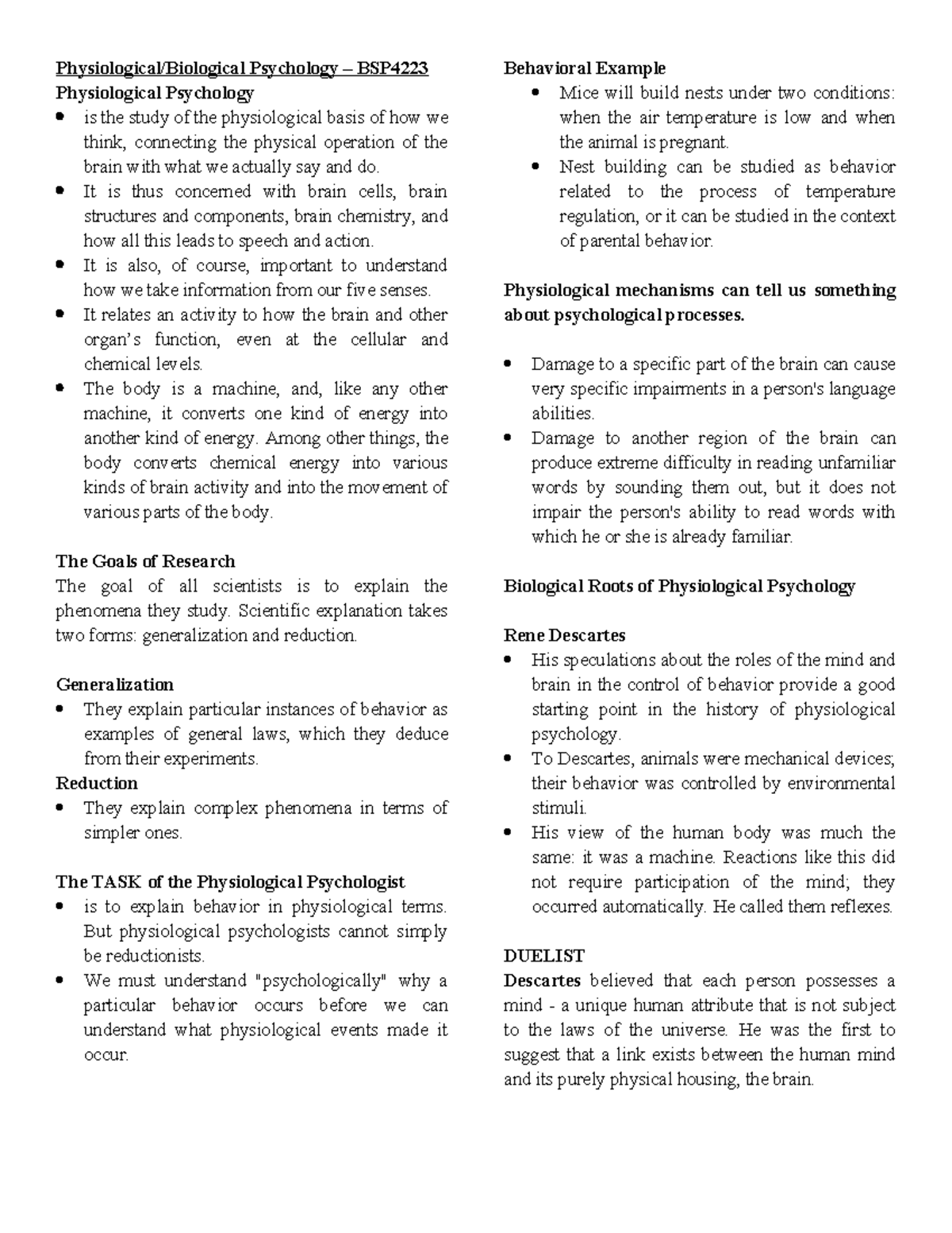 BSP4223 Physiological Biological Psychology - Physiological/Biological ...