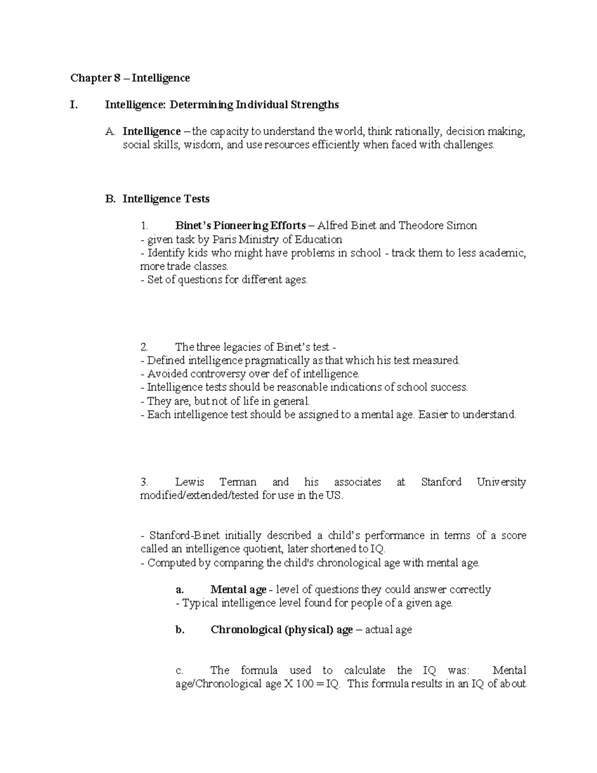 2070.1.Ch 8 - dev psych. - Chapter 8 – Intelligence I. Intelligence: Determining Individual ...