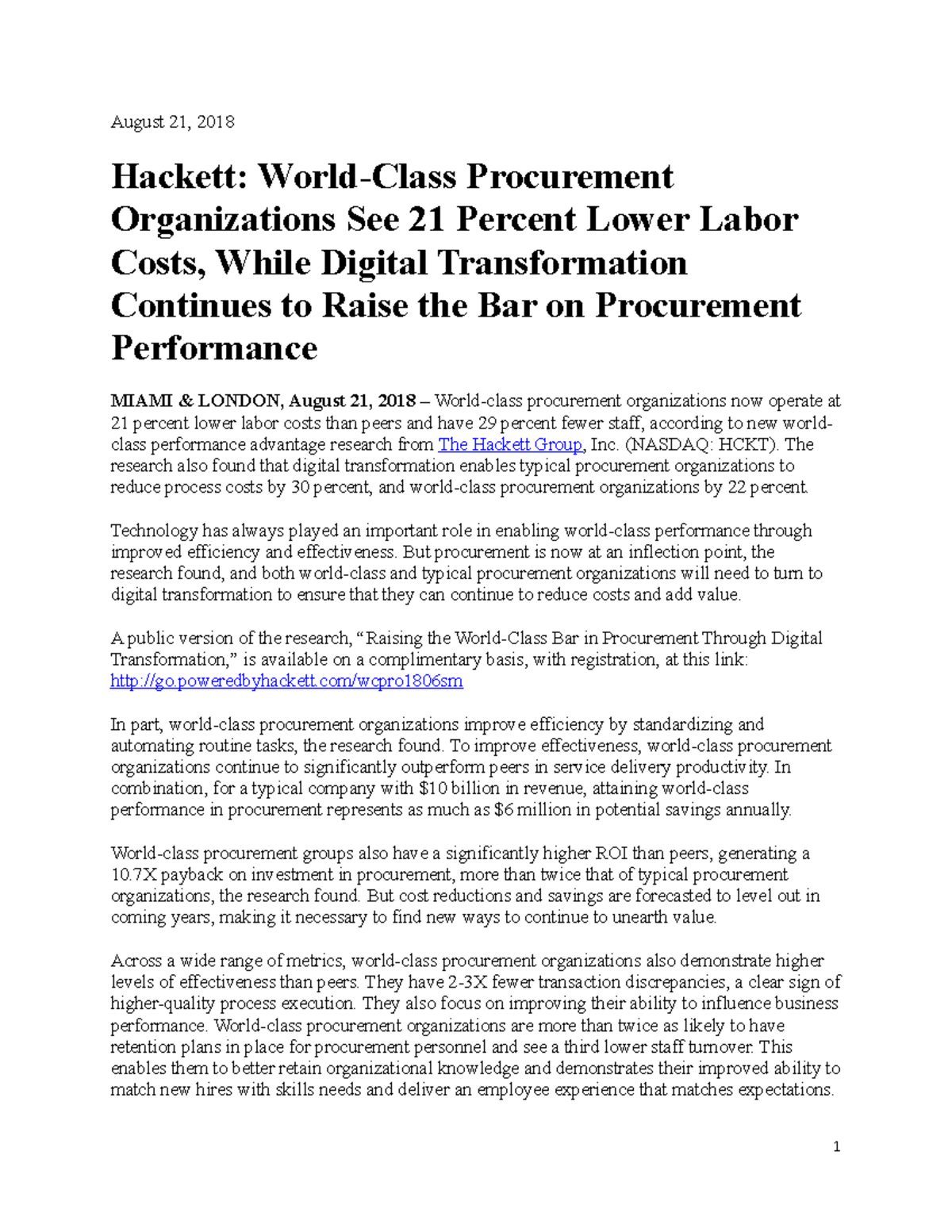 Session 1 Article - World Class Procurement - August 21, 2018 Hackett: World-Class Procurement ...
