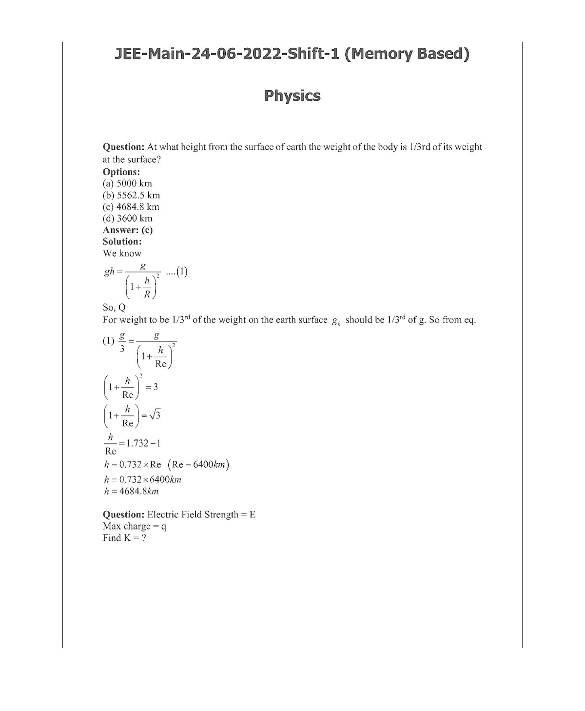 JEE Main 2022 24 June Shift 1 - JEE Advanced - Studocu
