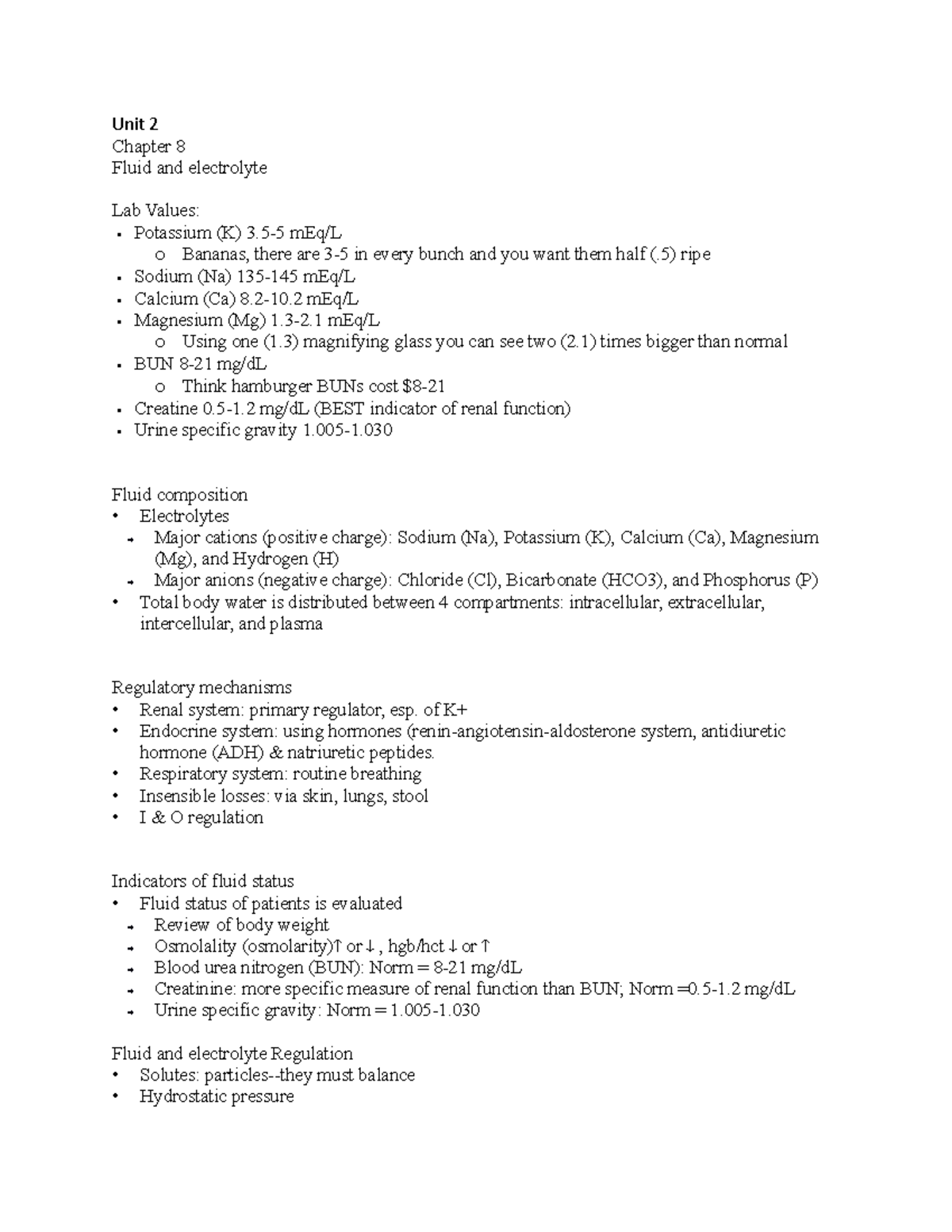 nursing Fluid and Electrolytes notes - Unit 2 Chapter 8 Fluid and ...