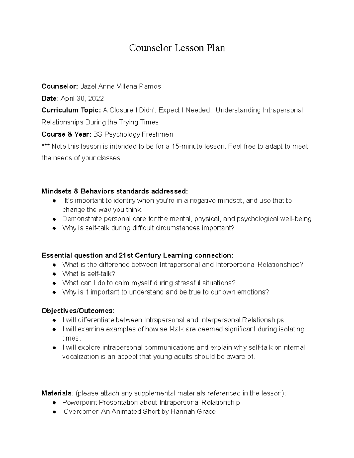 Counselor Lesson Plan - Counselor Lesson Plan Counselor: Jazel Anne ...