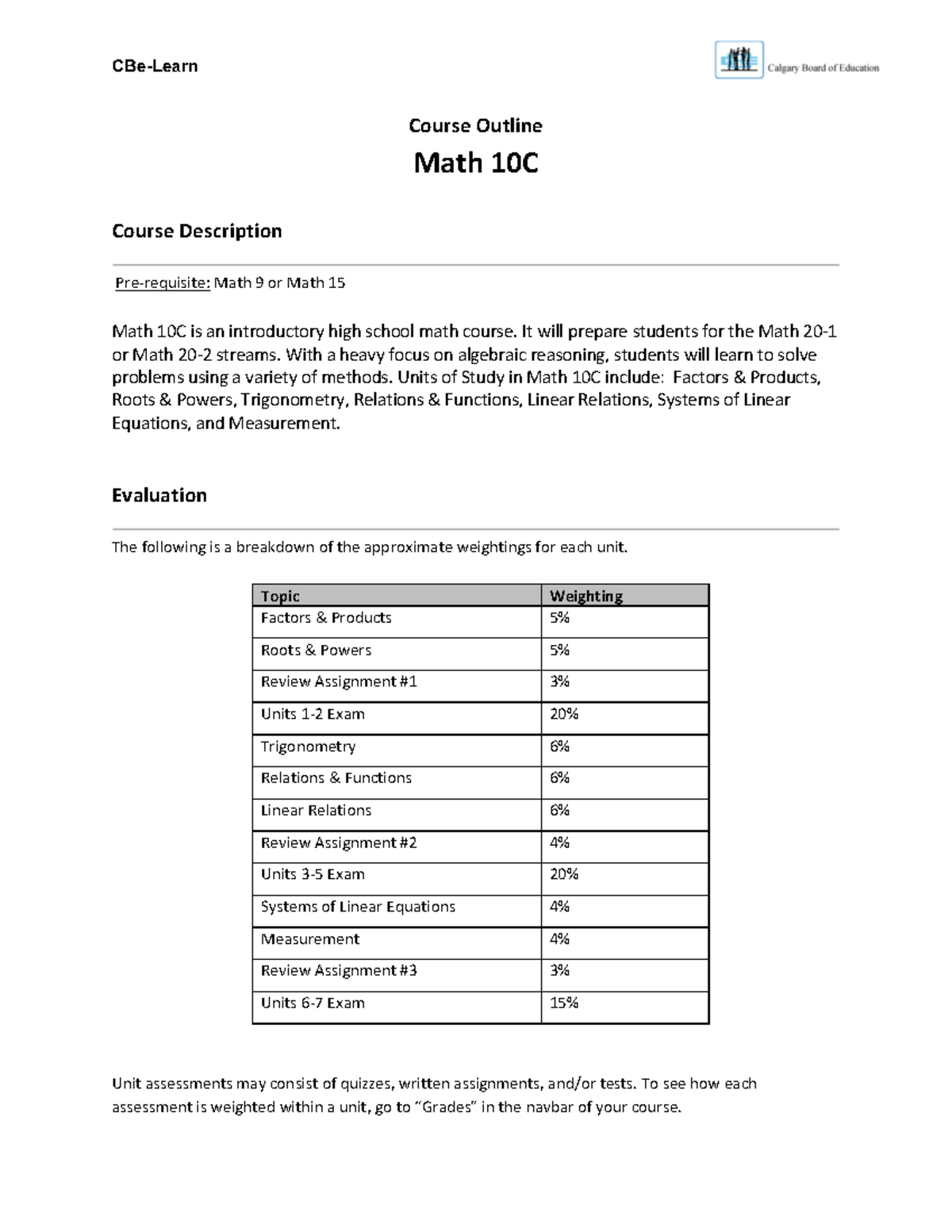 Math10CCourse Outline - CBe-Learn Course Outline Math 10C Course ...